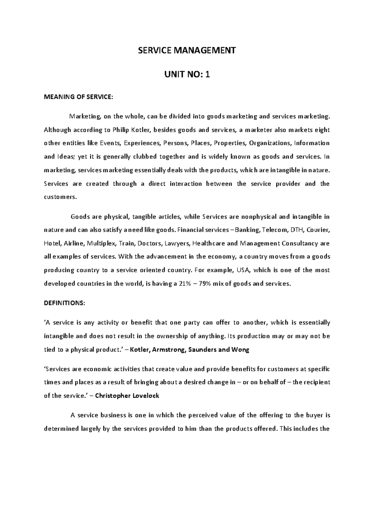 Service Management (Course Code: SM101) - Comprehensive Notes - Studocu