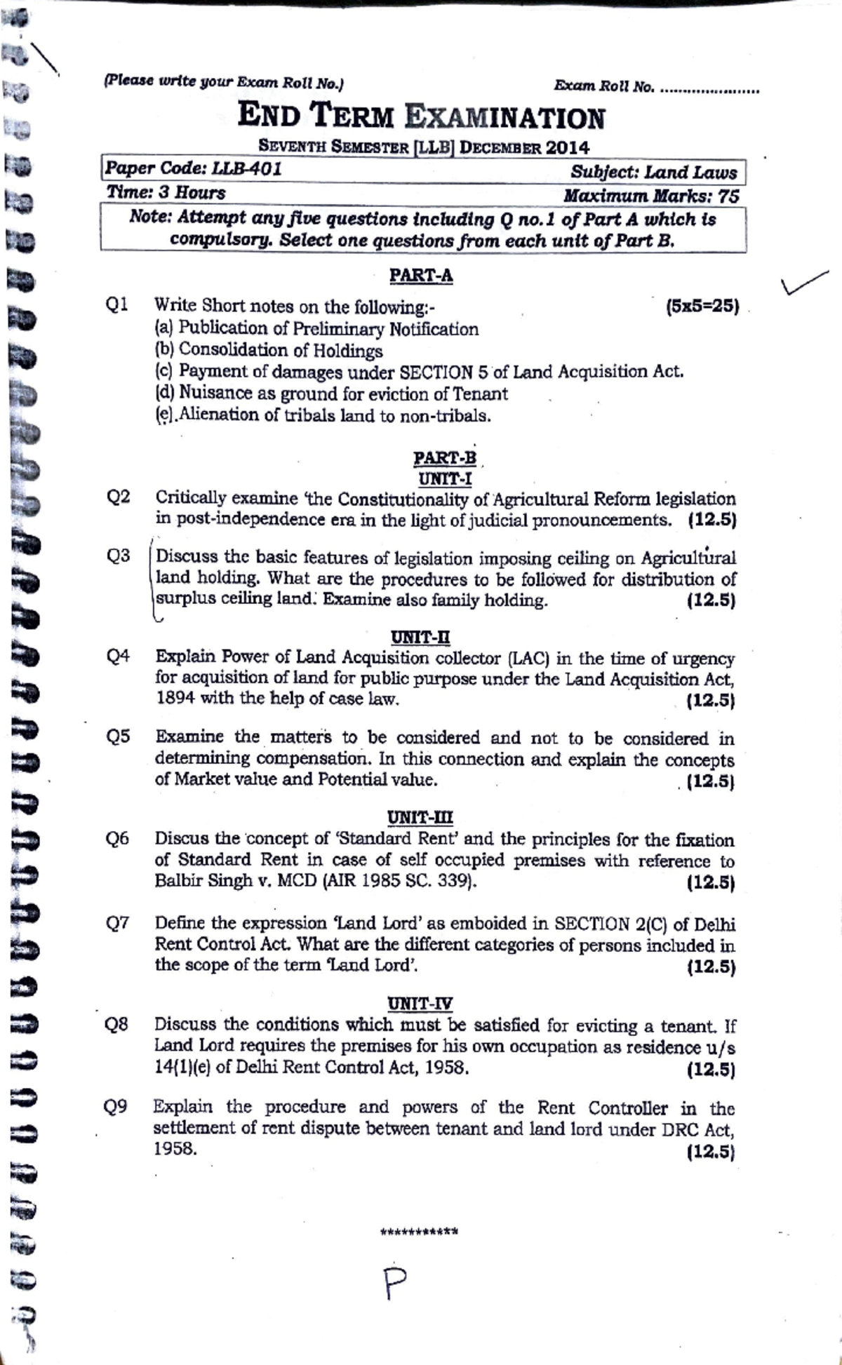 Land law pervious year papers - (Please write your Exam Roll No.) Exam Roll No. END TERM ...