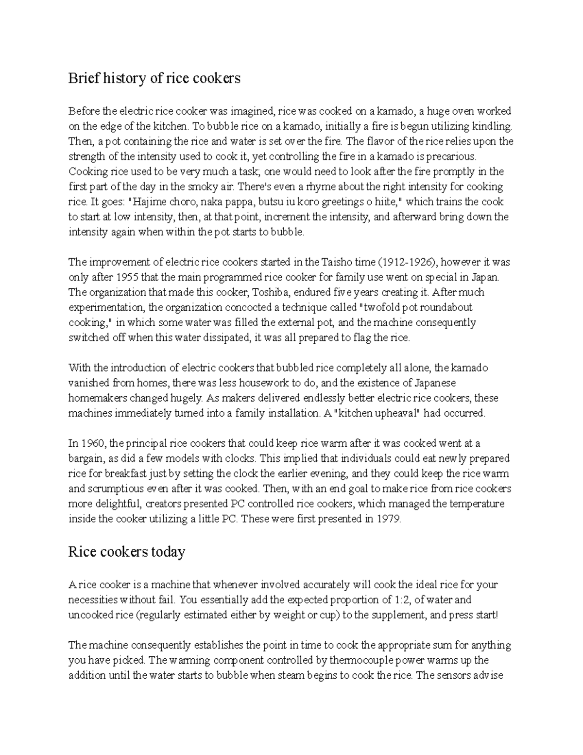 Article 6 - The Evolution and Function of Electric Rice Cookers - Studocu