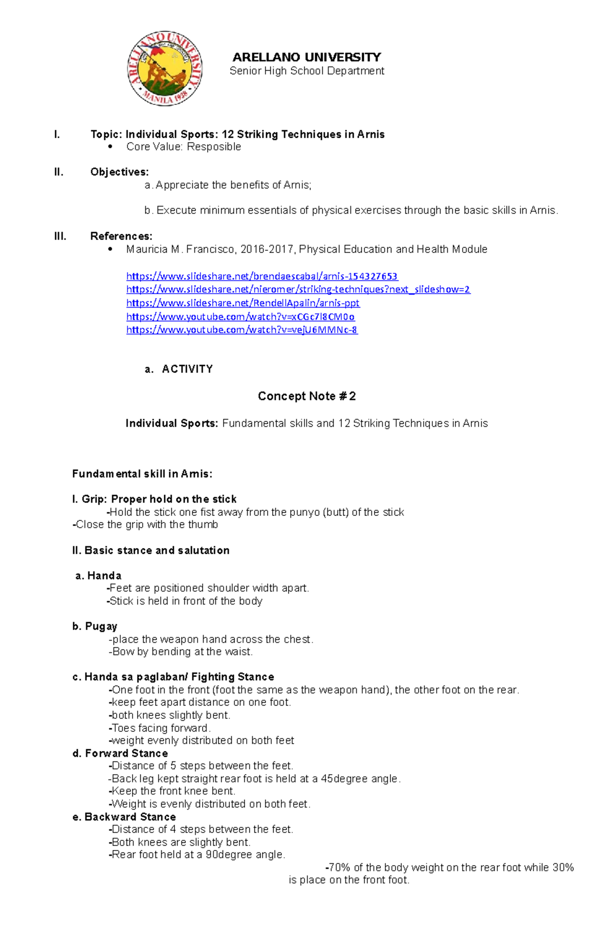 L02 Basic Fundamental Skill and 12 Striking Techniques - ARELLANO ...