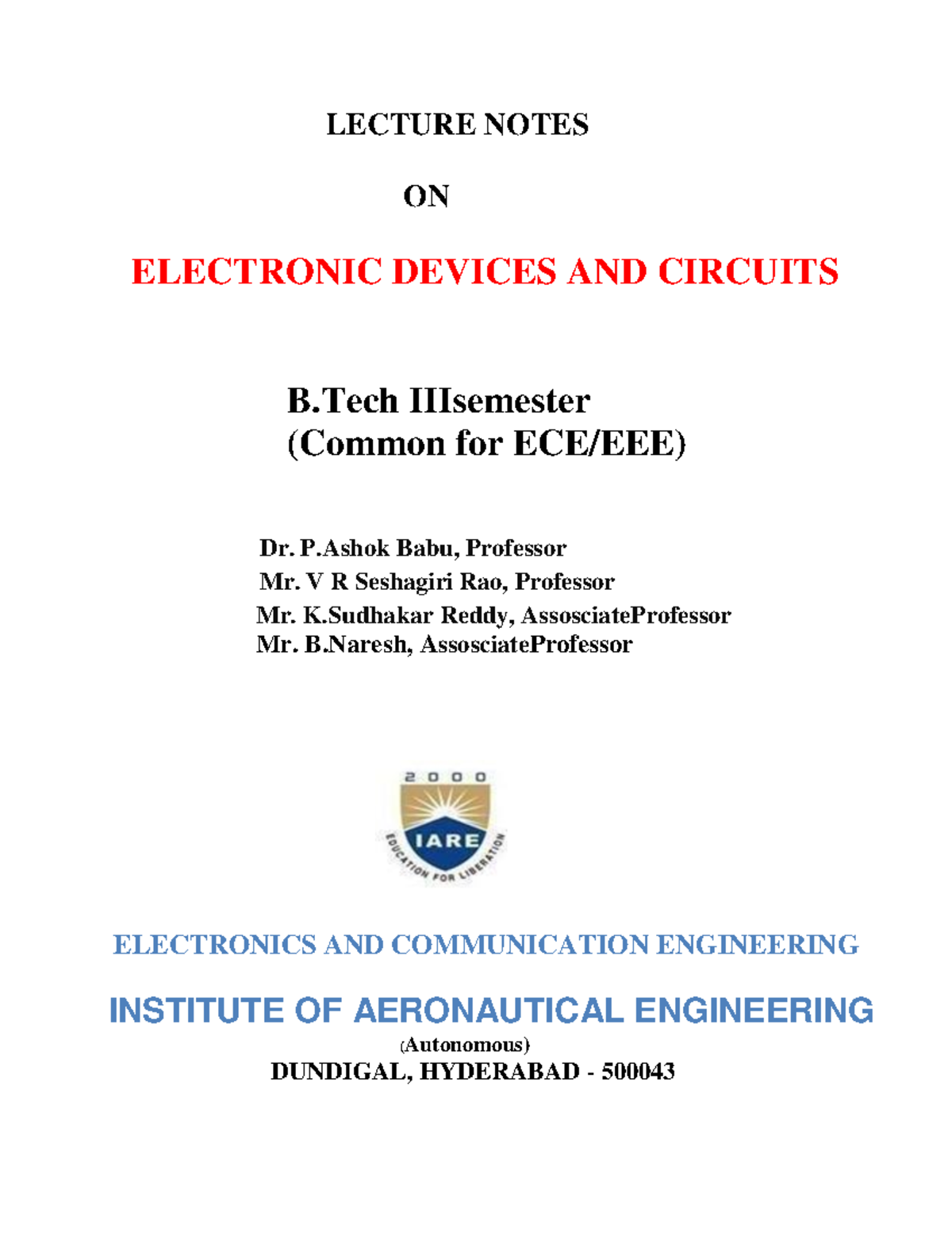 IARE ECE EDC Lecture Notes - Essential Concepts for III Sem - Studocu