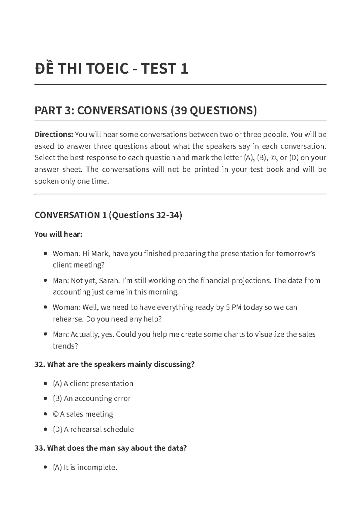 ĐỀ THI TOEIC TEST 1 PART 3: CONVERSATIONS (39 QUESTIONS) - Studocu
