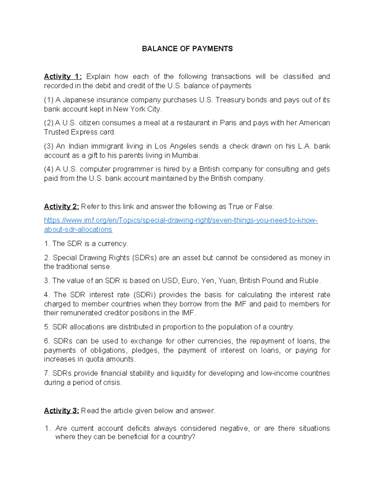 Chapter 3 Questions to discuss - BALANCE OF PAYMENTS Activity 1 ...