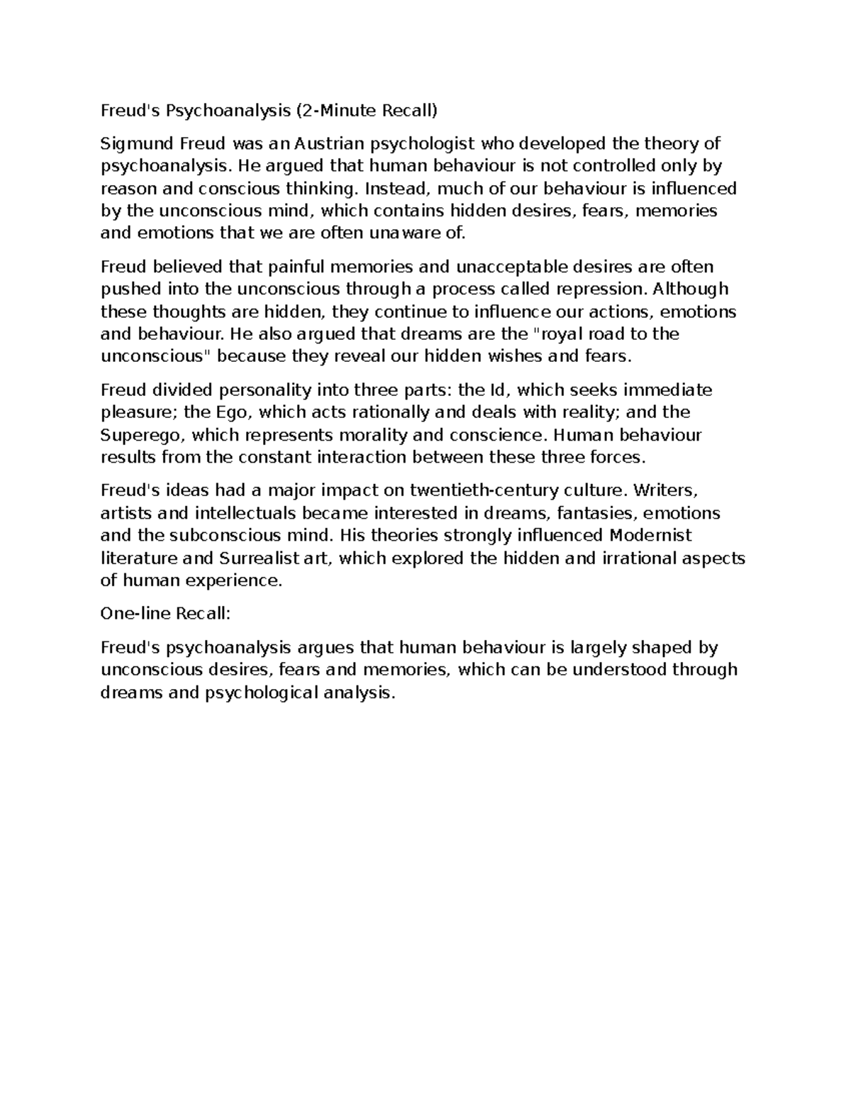 Psychoanalysis Overview: Freud's Influence on Human Behavior - Studocu