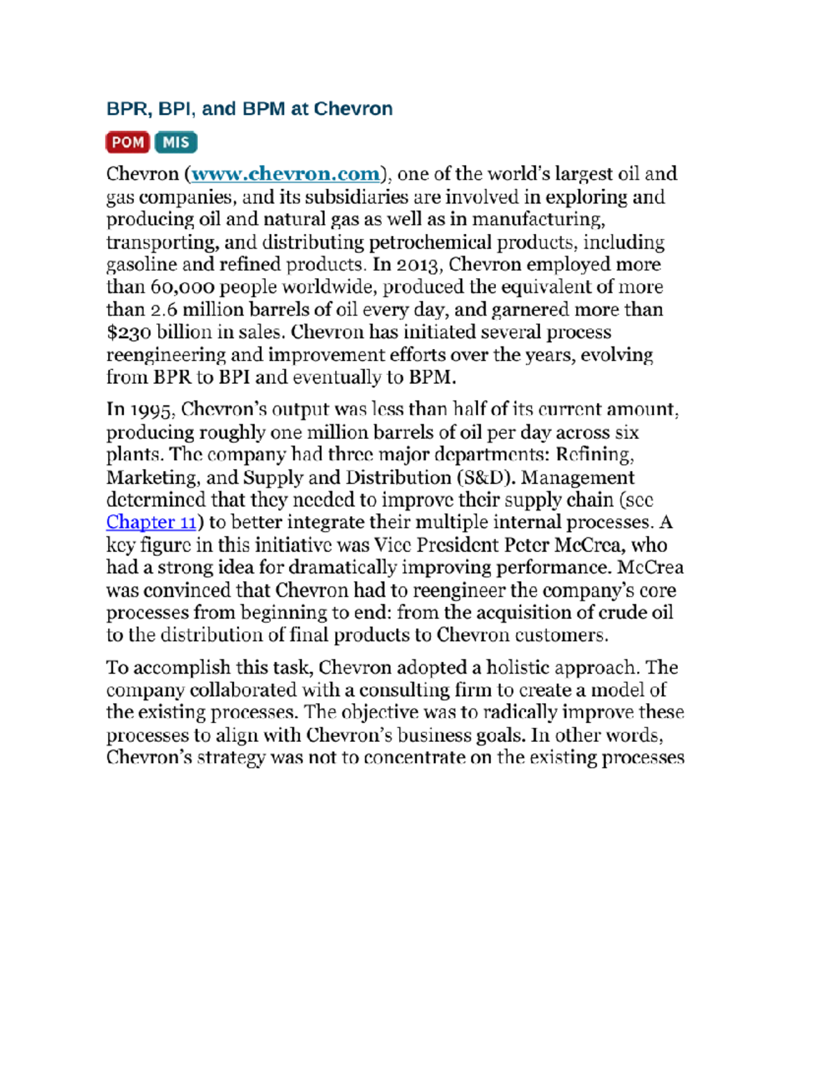 Case Study on BPR, BPI, and BPM at Chevron POM - Insights and Analysis ...