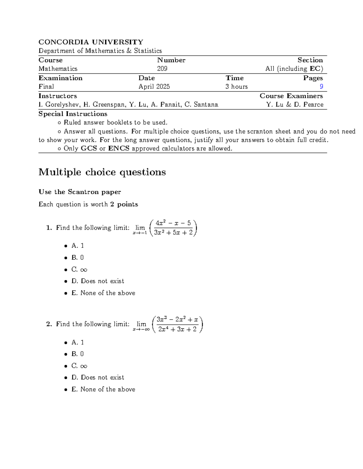 MATH 209 Final Exam Questions - April 2025 - Studocu