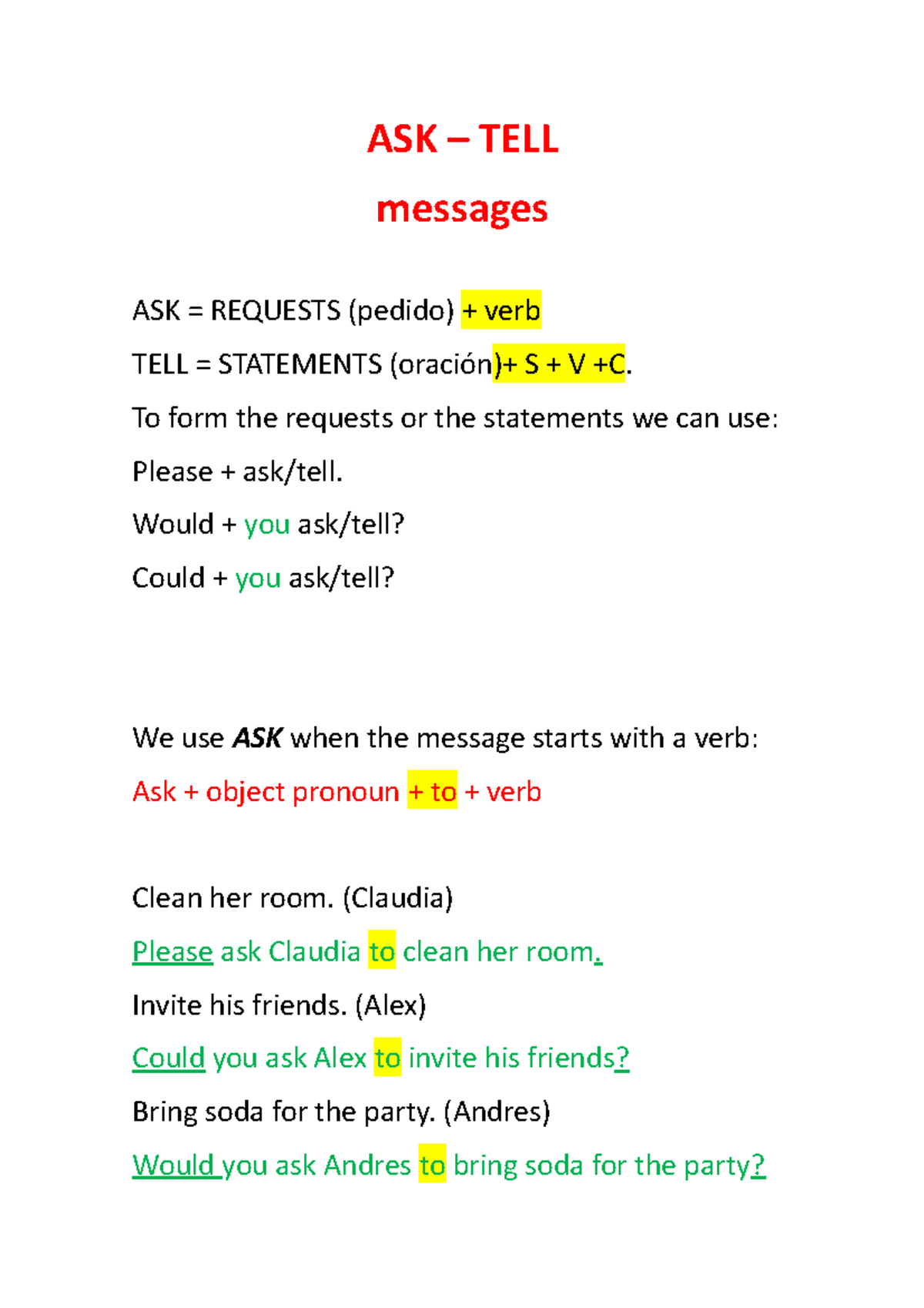 ASK AND TELL - Ingles 2022: Teoria de Solicitudes y Declaraciones - Studocu