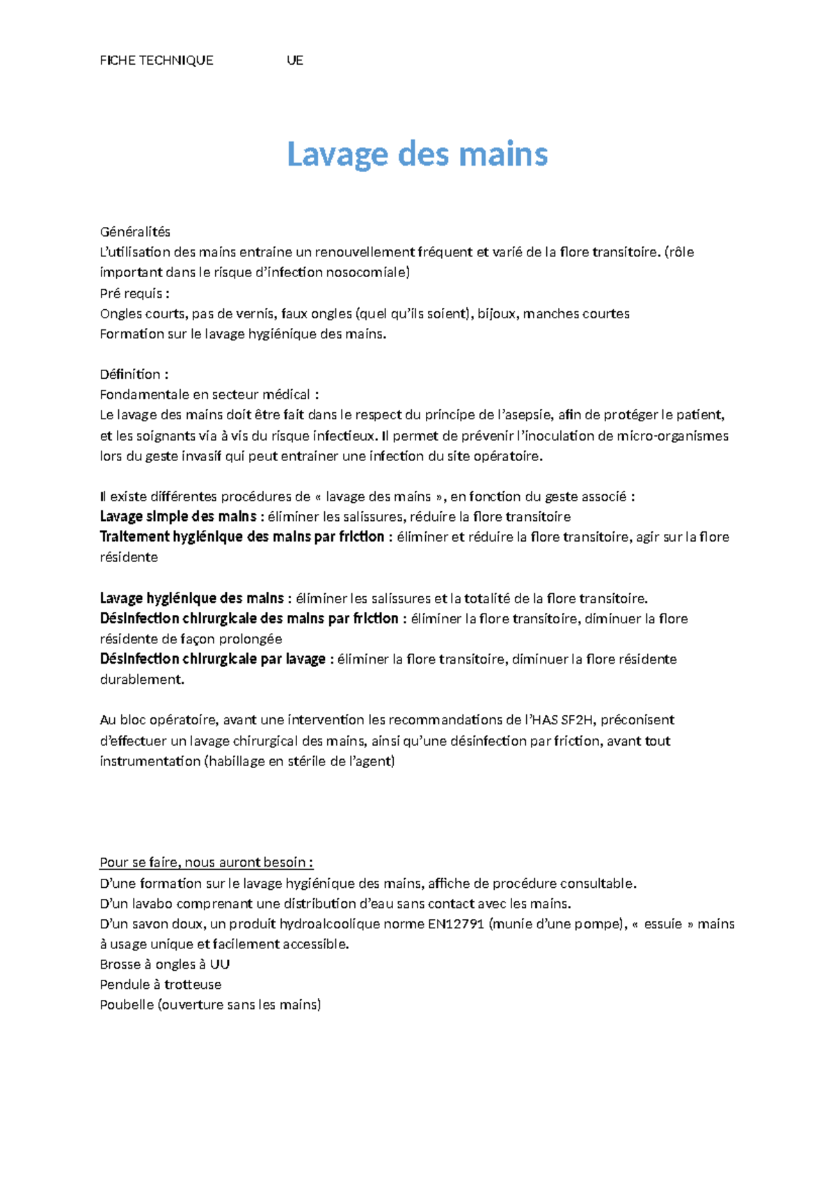 Lavage des mains - fiche technique - FICHE TECHNIQUE UE Lavage des ...