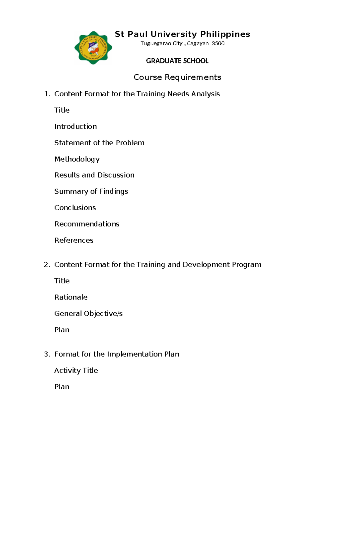 AHRM - Course Requirements - St Paul University Philippines Tuguegarao ...