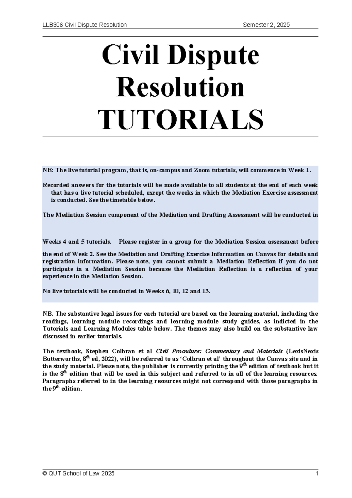 LLB306 Civil Dispute Resolution Semester 2, 2025 Tutorial Questions and ...
