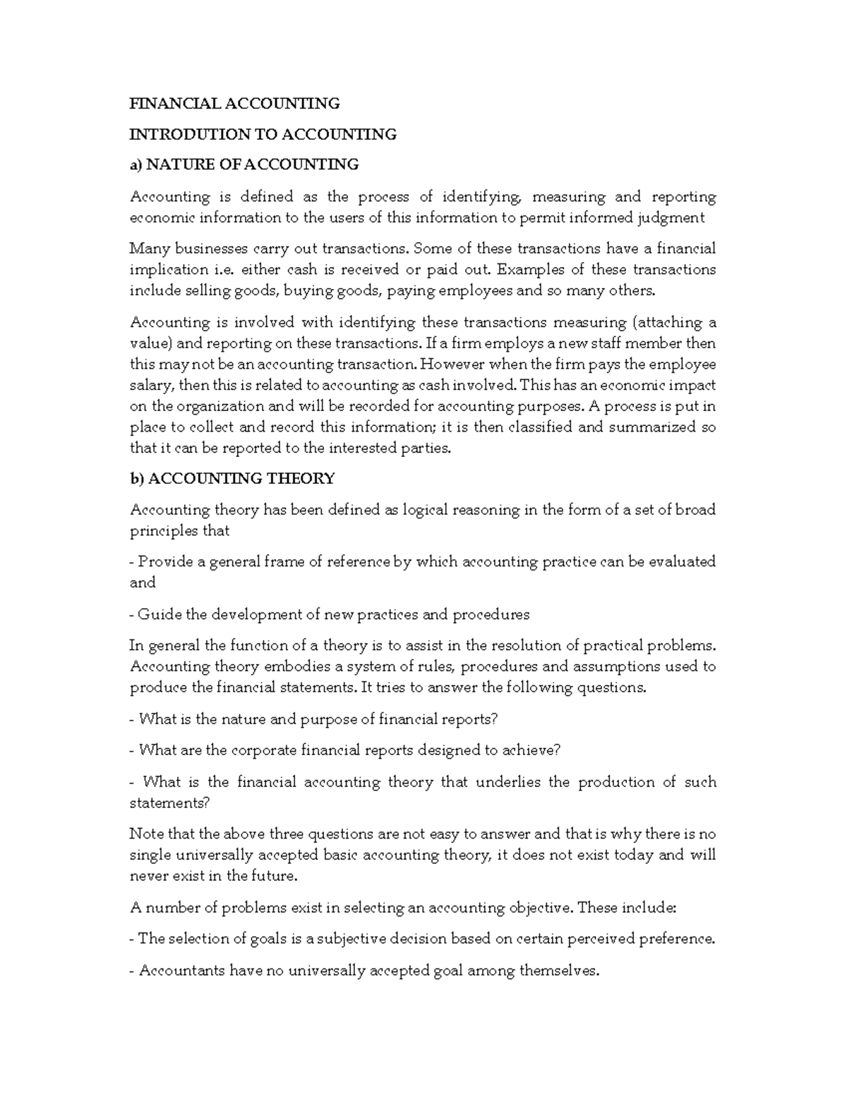 Financial Accounting FA - Lecture Notes on Intro to Accounting - Studocu