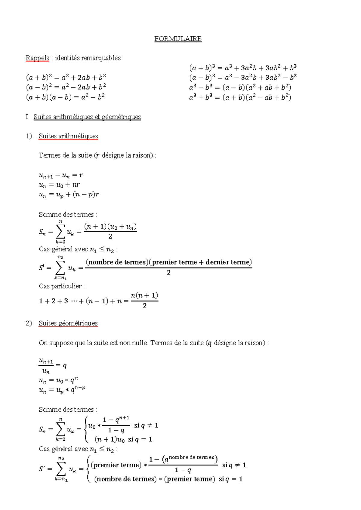 Formulaire de Mathématiques : Identités et Suites (MATH 101) - Studocu