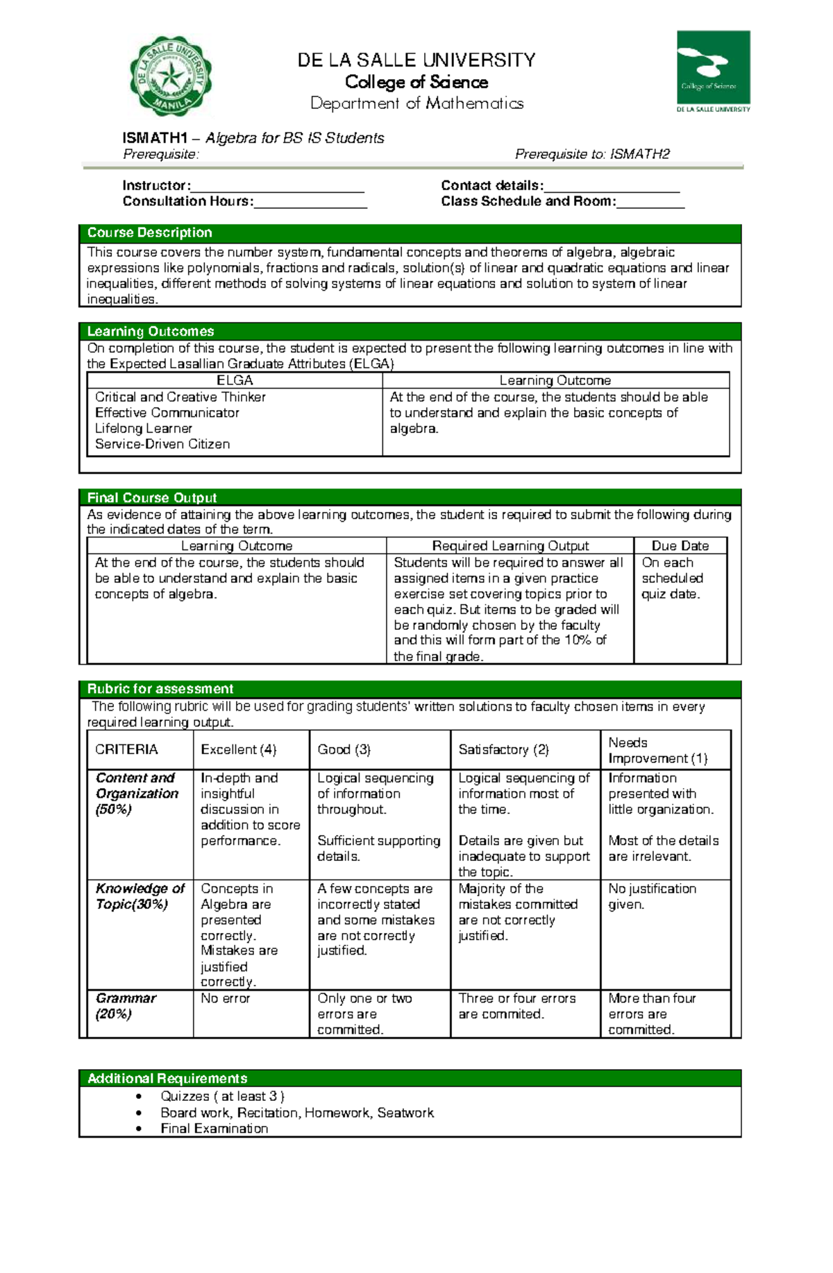 ISMATH1 Algebra Course Overview and Learning Outcomes - Studocu