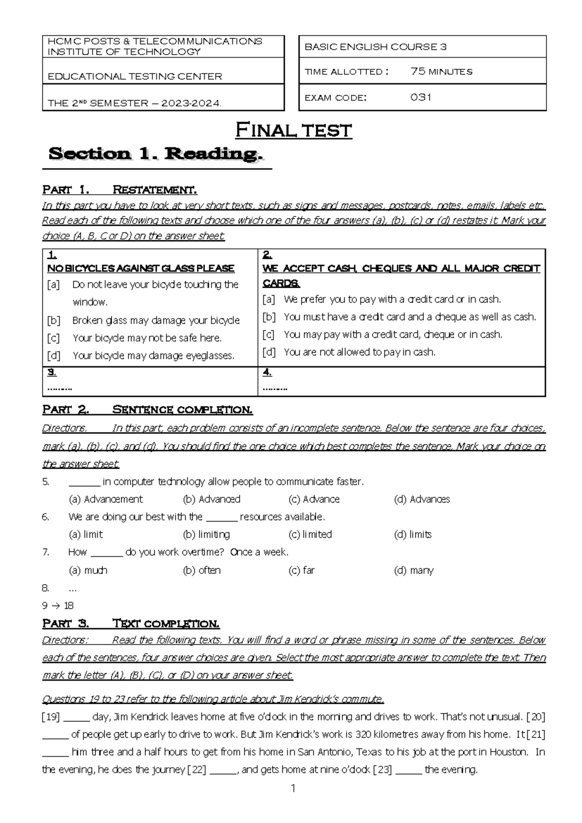 Sample Test - Course 3-N-2024: Final Exam Preparation Guide - Studocu