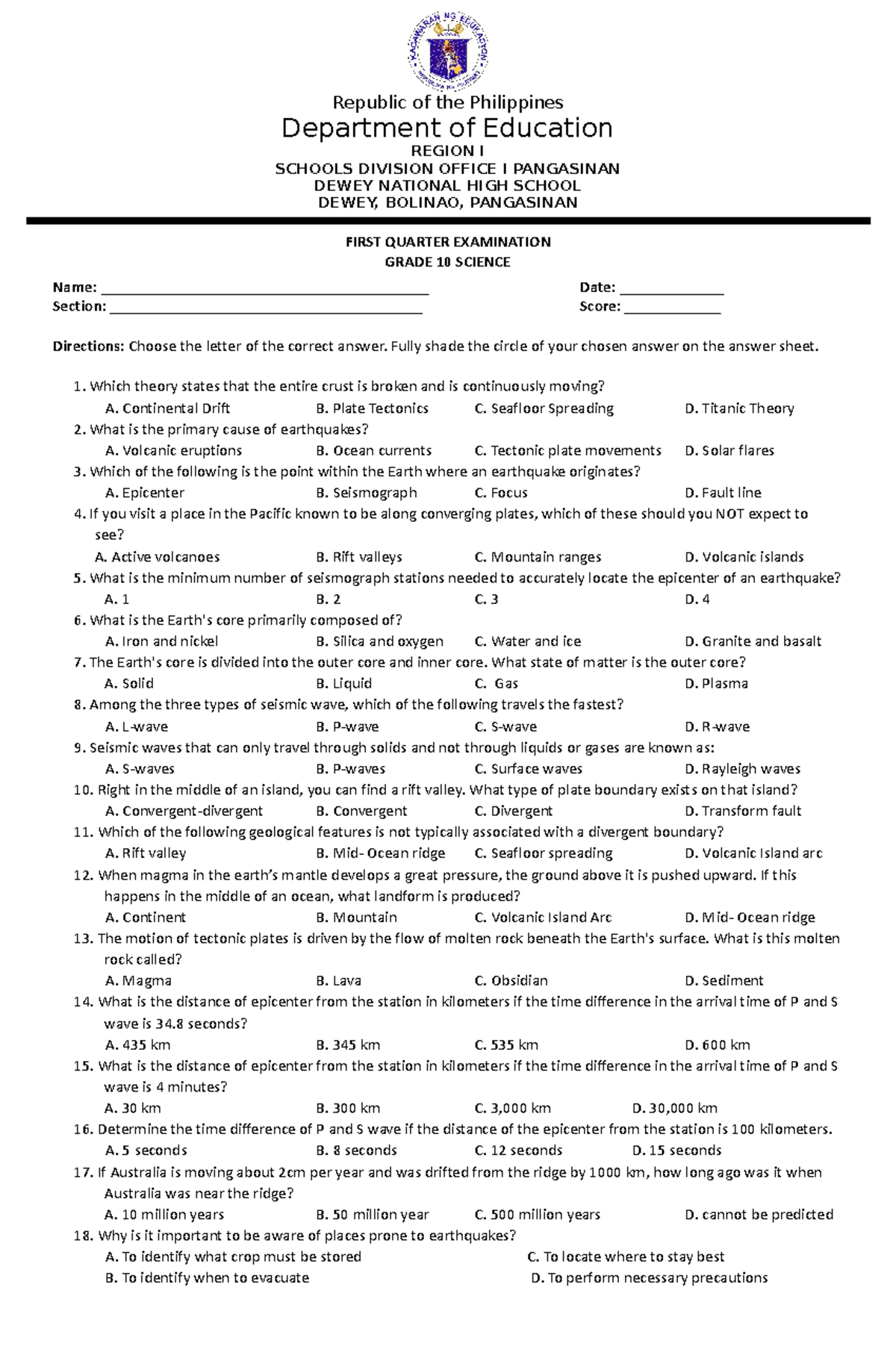 Grade 10 Science - First Quarter Exam Questions and Answers - Studocu