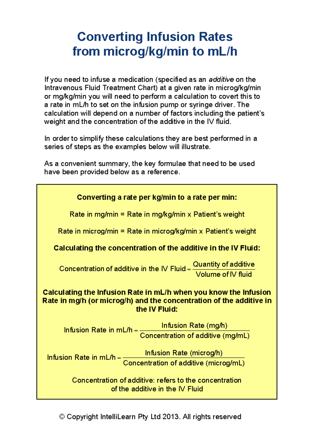 Conversion of Infusion Rates: microg/kg/min to mL/h Calculations - Studocu