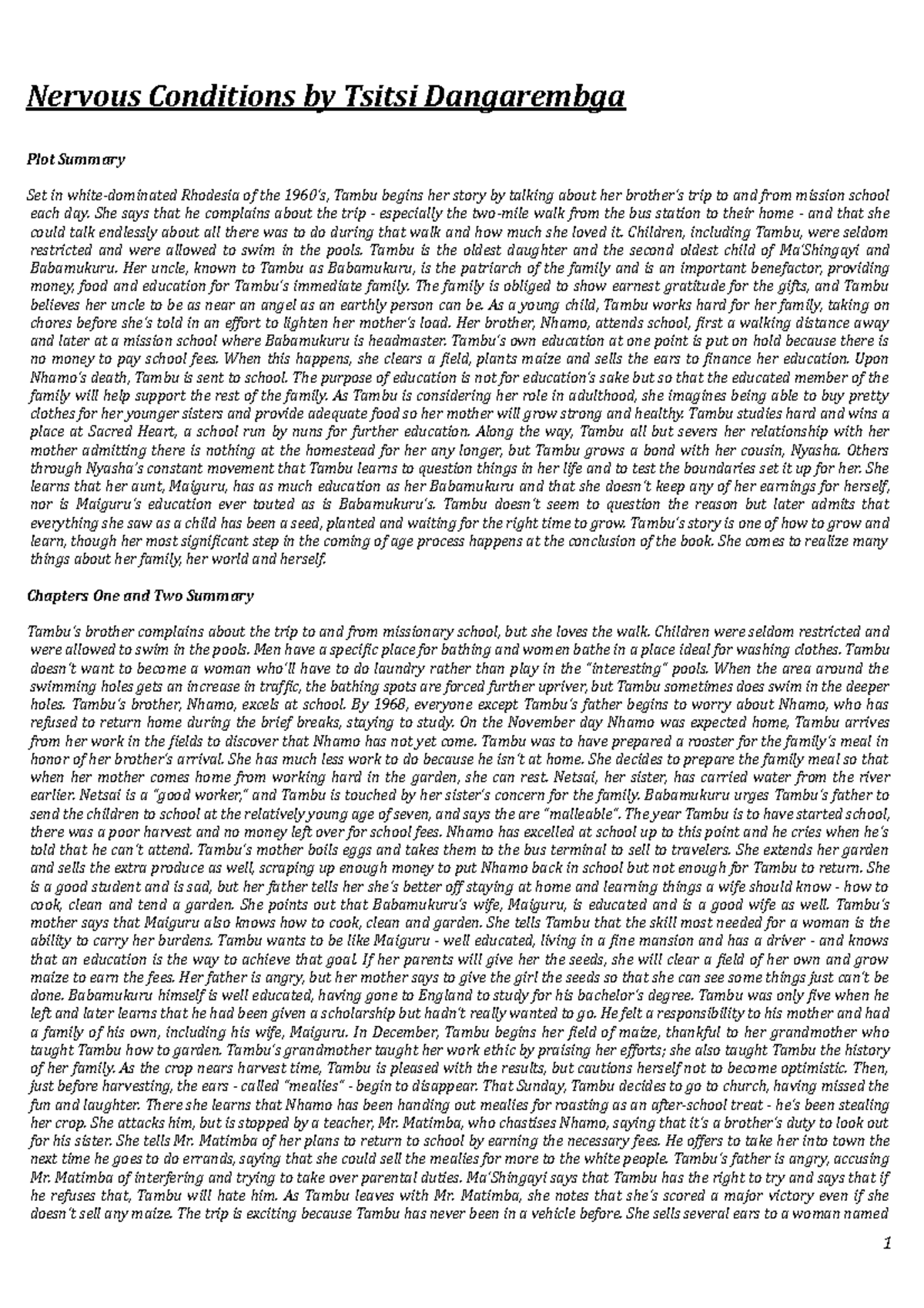 ENG2603 Chapter Summaries and Analysis of Nervous Conditions by Tsitsi ...
