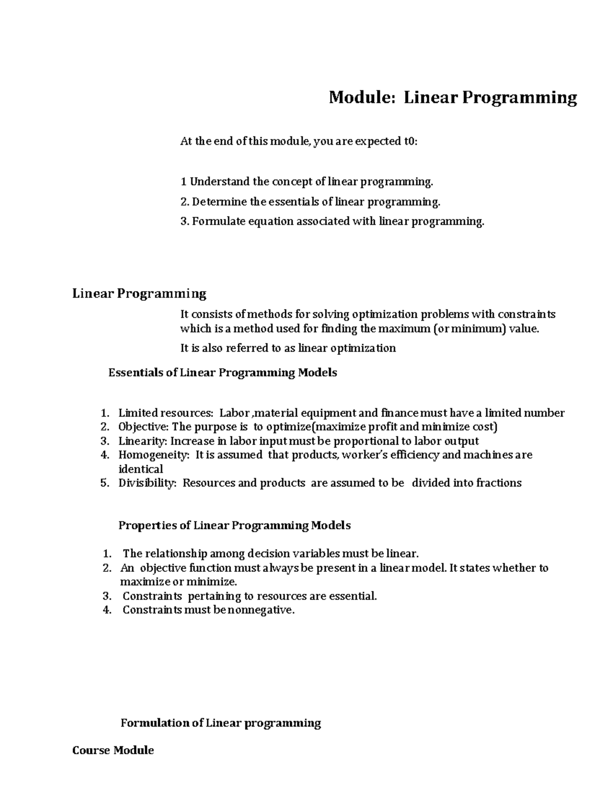 MMW module 1 swa - Course Module Module: Linear Programming At the end ...