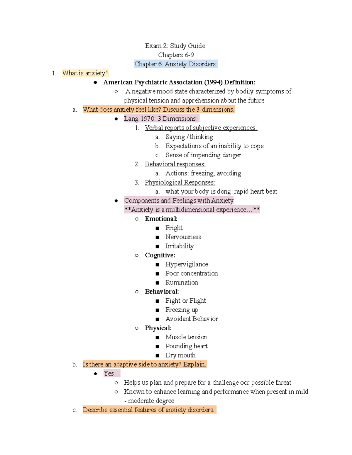 Abnormal Psychology Test 2: Anxiety Disorders Study Guide - Studocu