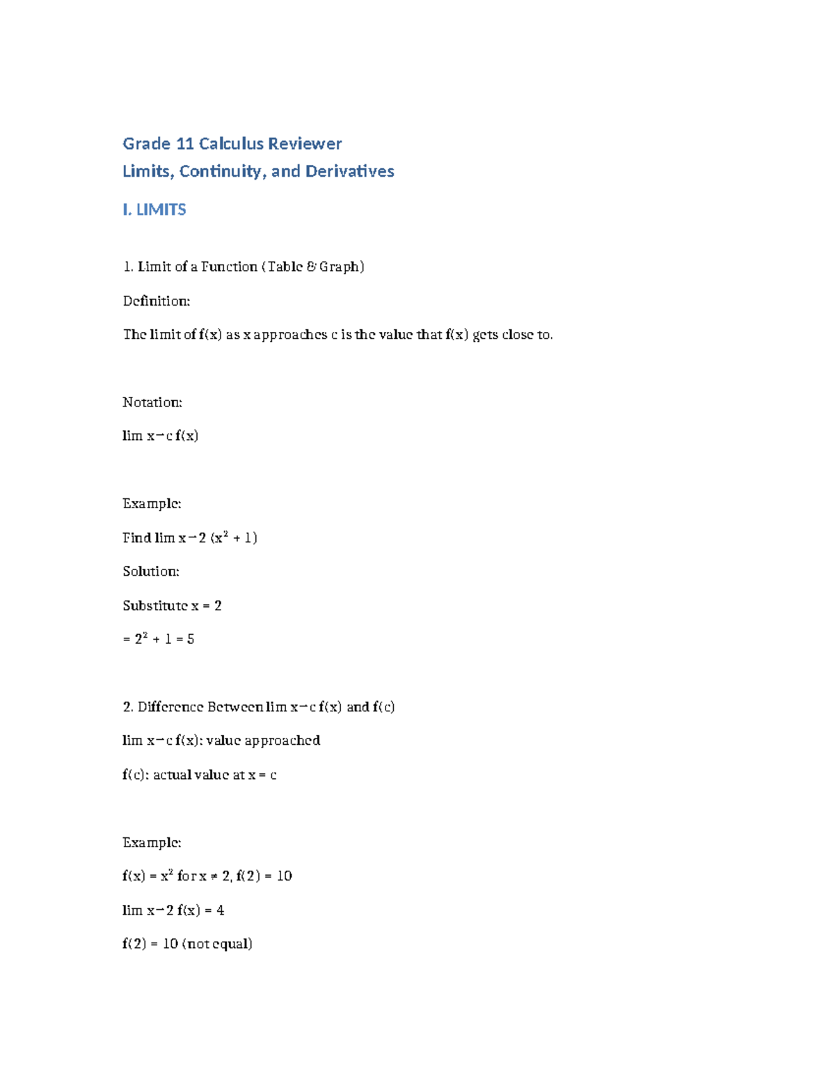 Grade 11 Calculus Reviewer: Limits, Continuity & Derivatives I - Studocu