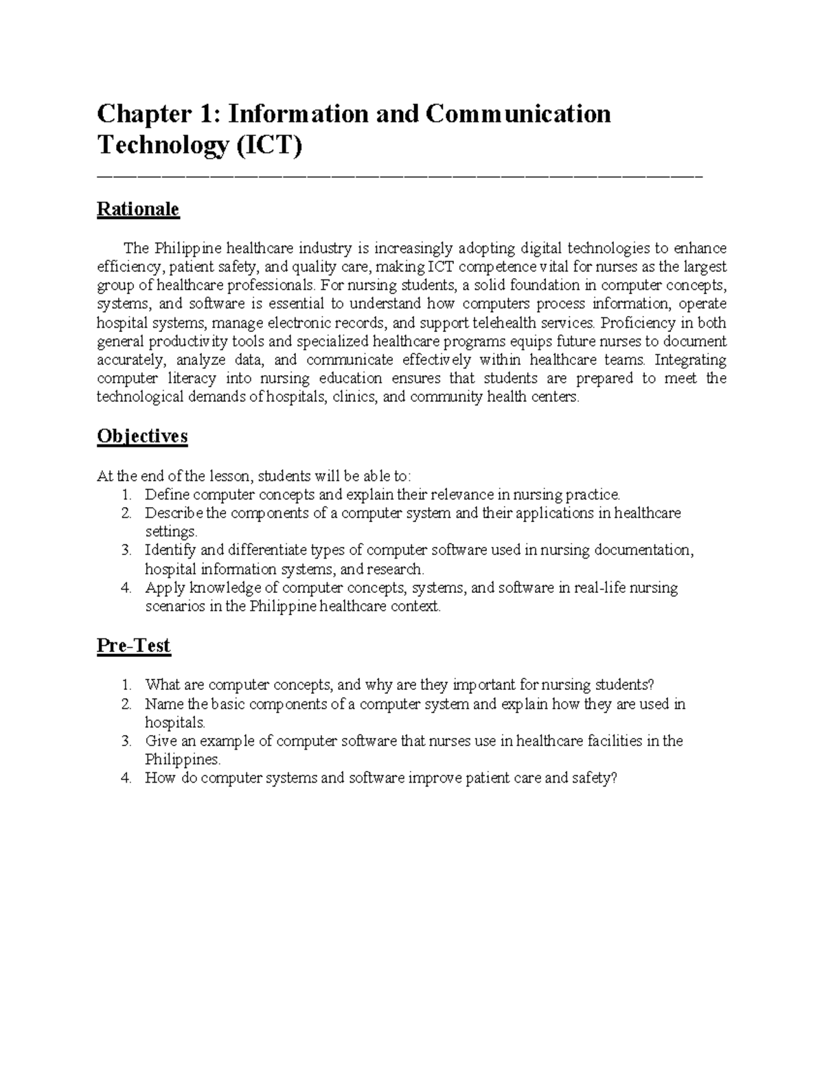 Module 1: ICT in Nursing - Chapter 1 Overview and Concepts - Studocu