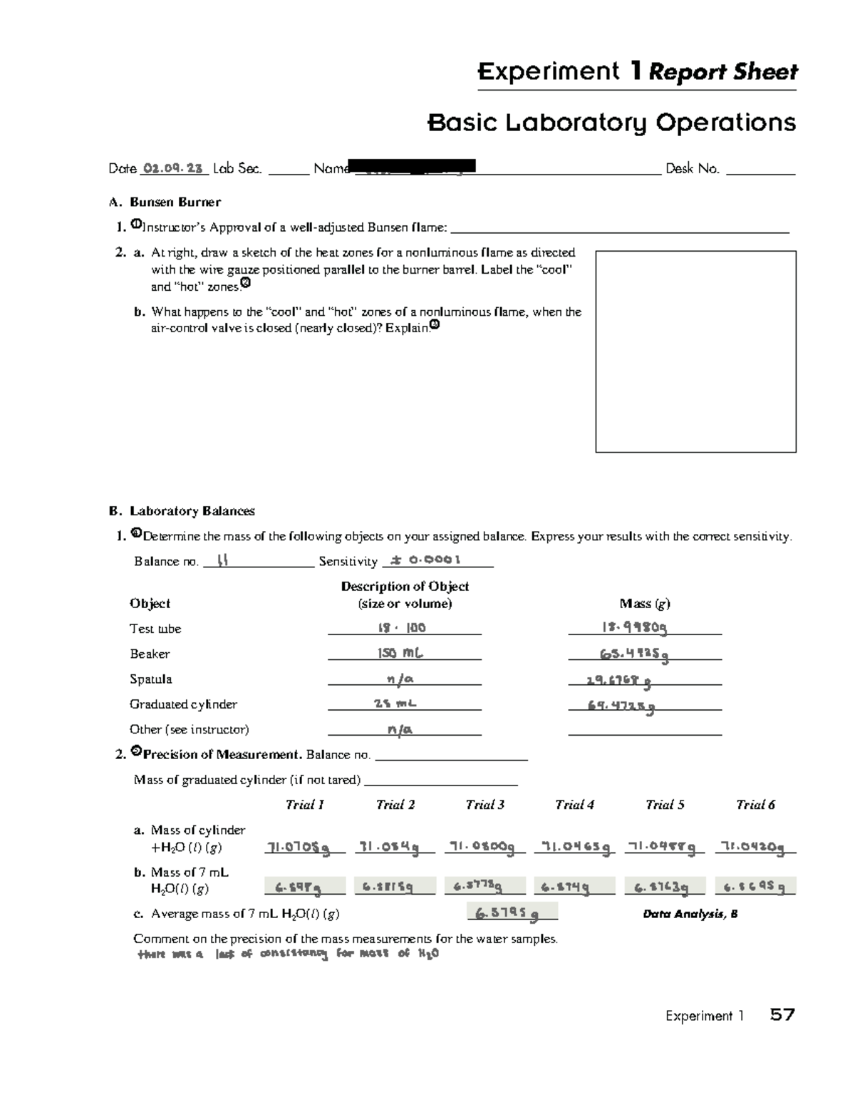 Experiment Answers - Experiment 1 Report Sheet Basic Laboratory Operations Date __________ Lab ...