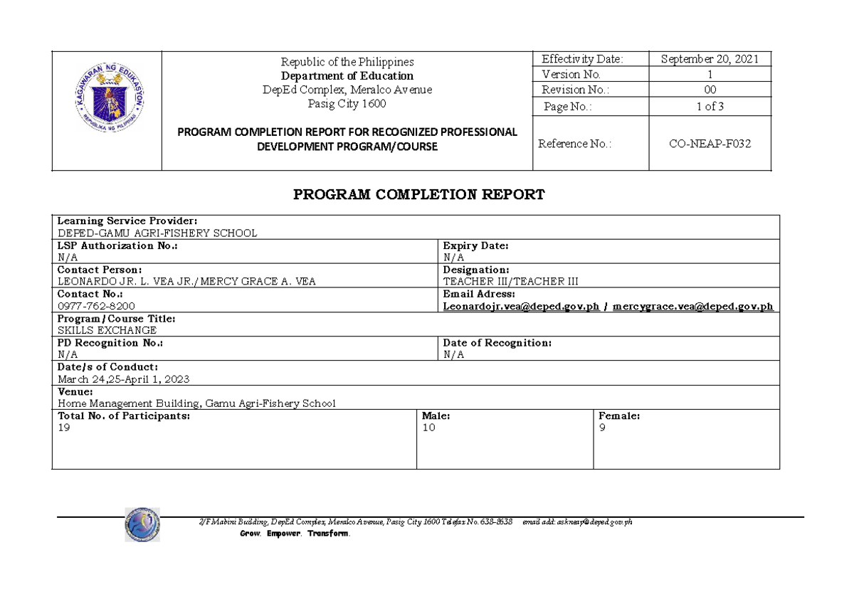 Program Completion Report: Skills Exchange PD (March 2023) - Studocu