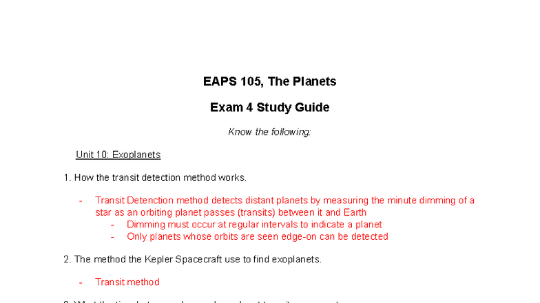 EAPS 105 Exam 4 Study Guide: Exoplanets & Spacecraft Missions - Studocu