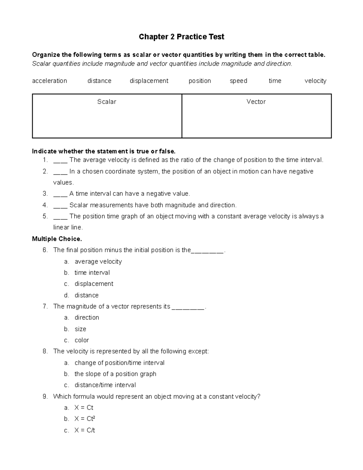 Motion Practice Test for Physics 101: Scalars & Vectors - Studocu
