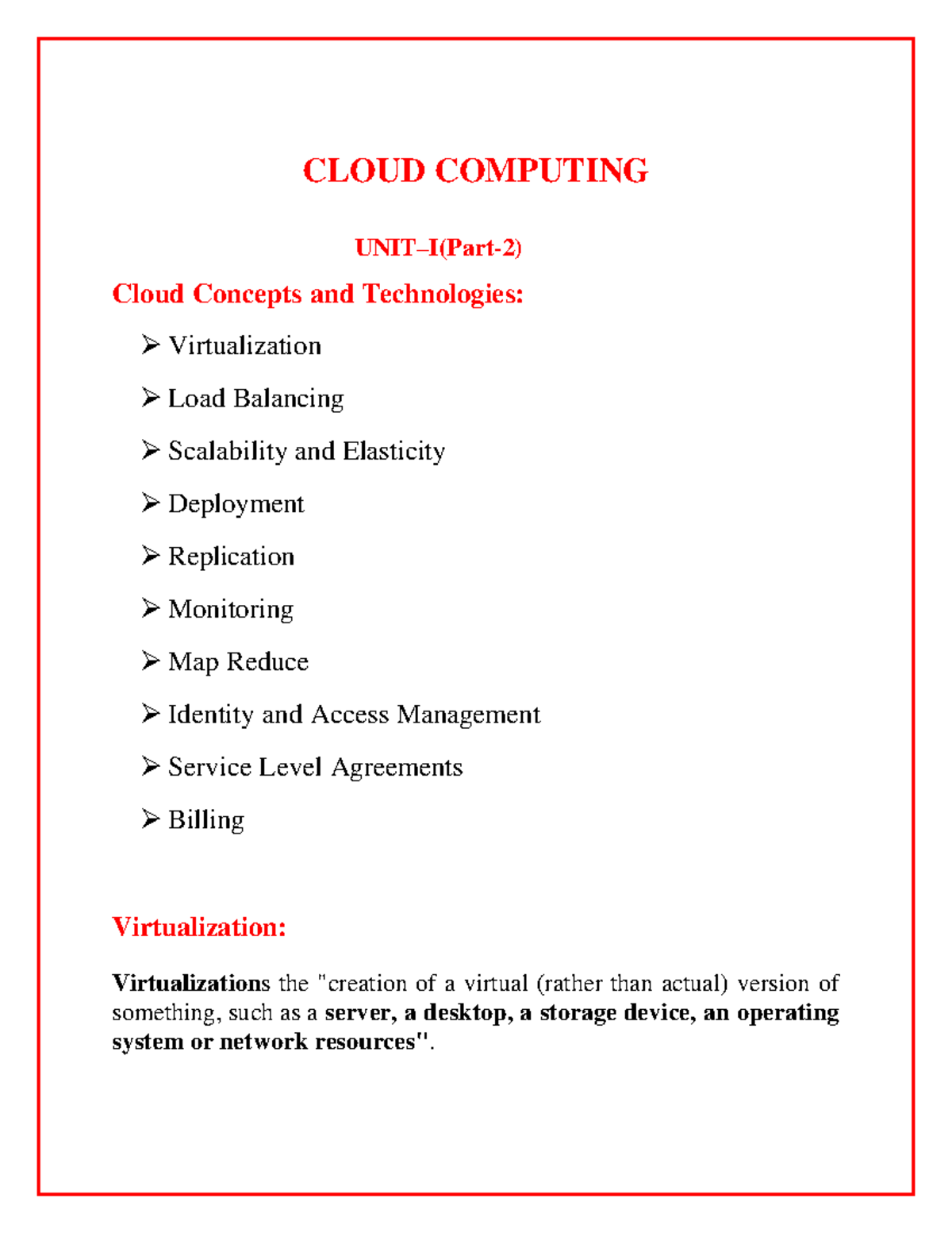 CLOUD COMPUTING CC-Unit-1: Virtualization, Load Balancing & Hypervisors - Studocu