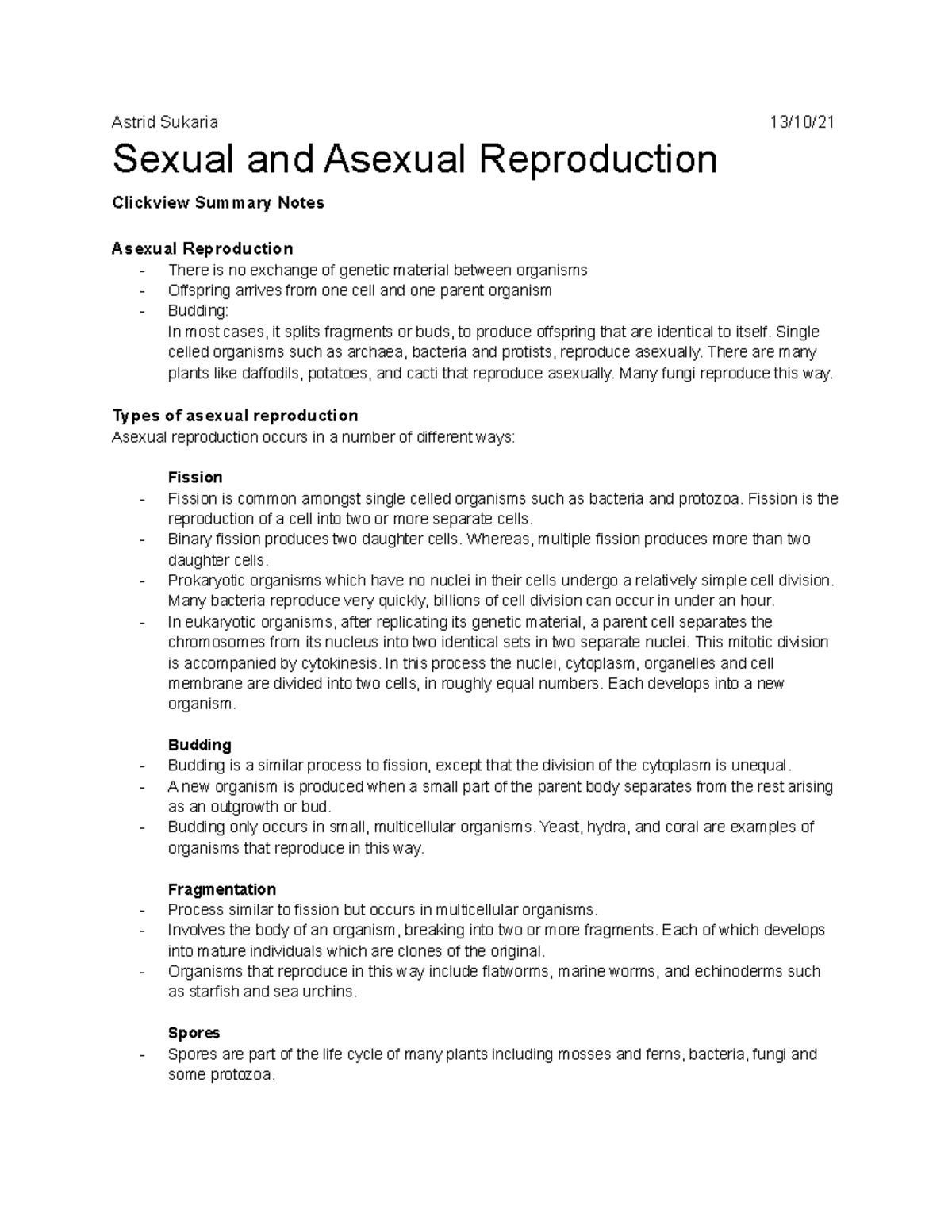 Clickview Notes (Sexual and Asexual Reproduction) - Astrid Sukaria 13 ...