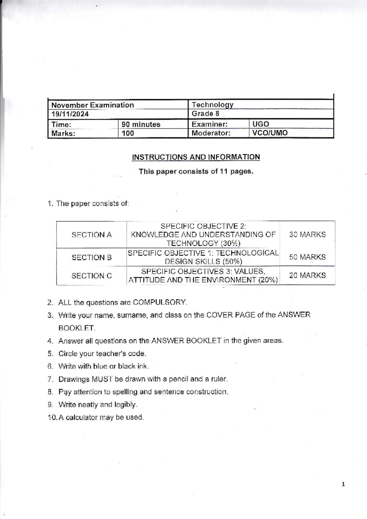 Technology Grade 8 - November Exam Practice Paper (2024) - Studocu