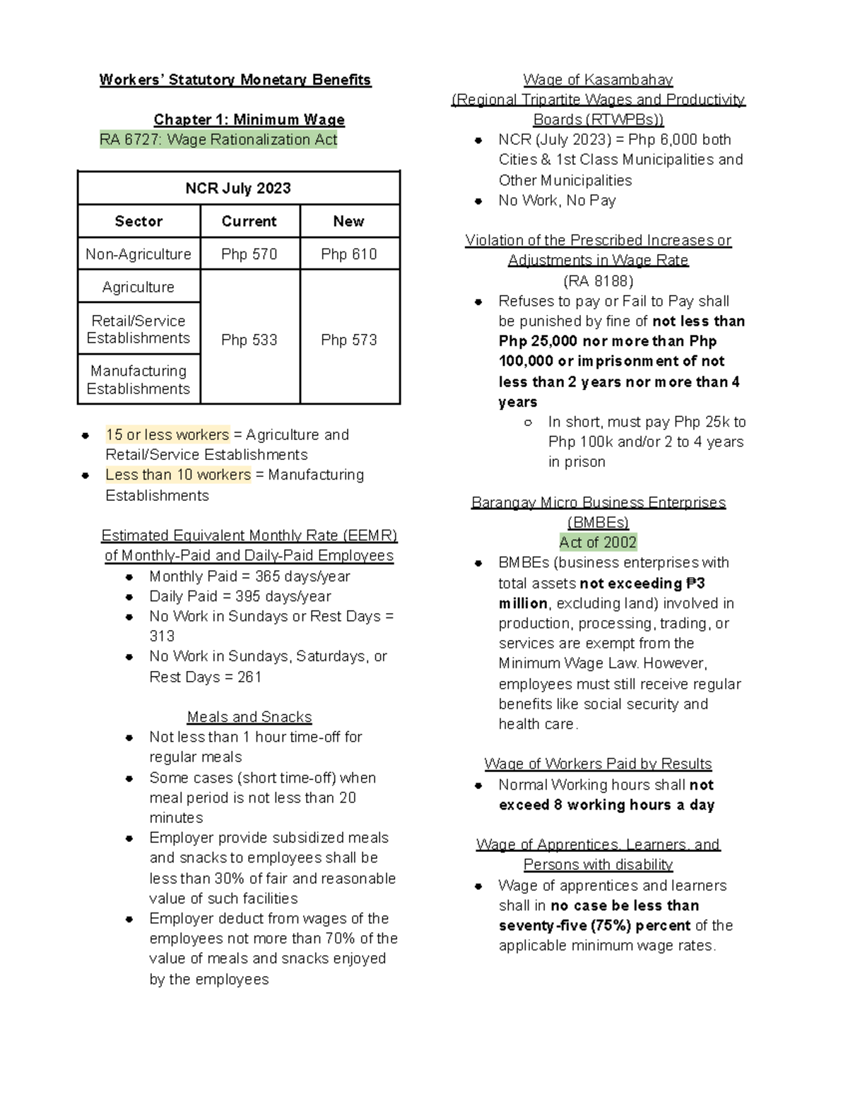 Statutory Monetary Benefits Overview: CPHR Laws Reviewer - Studocu