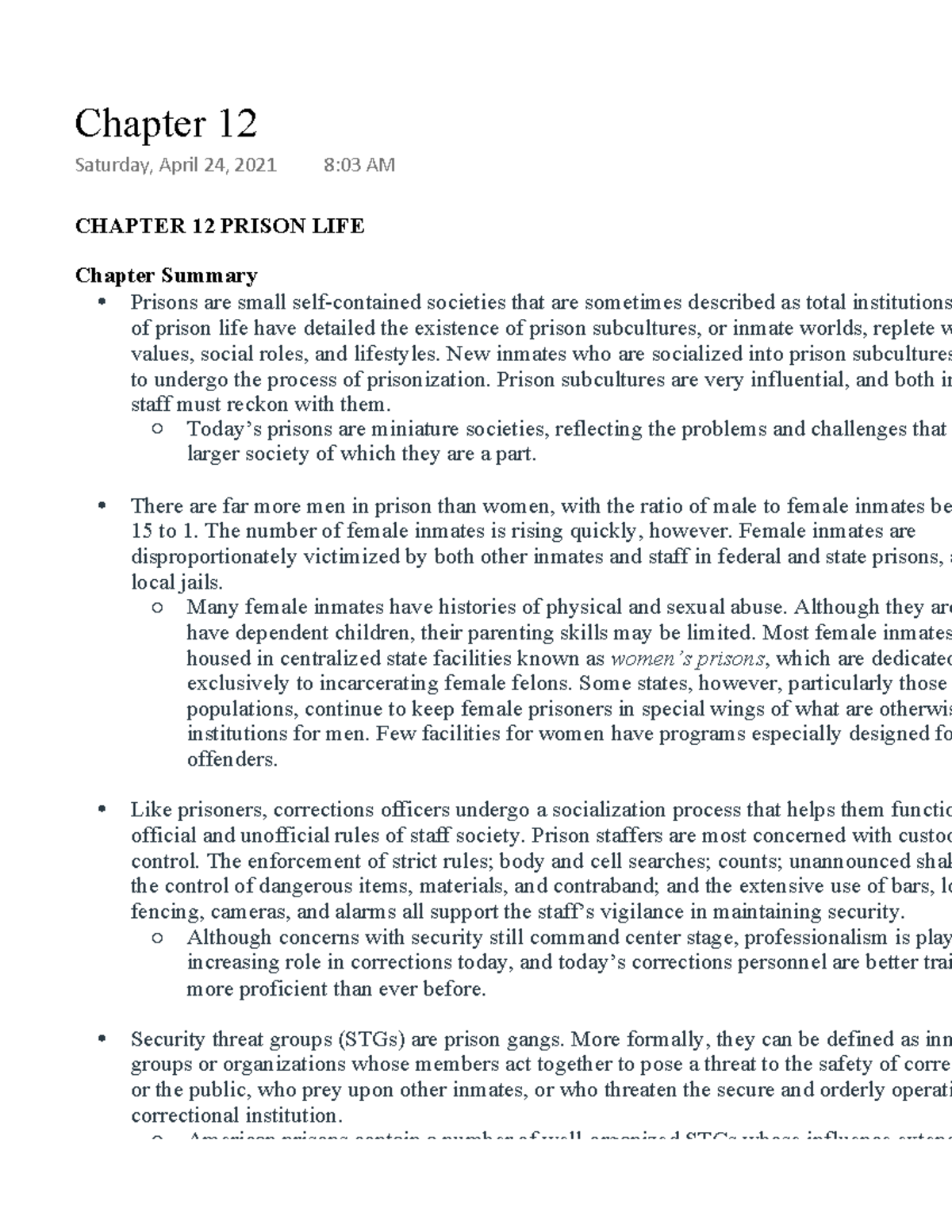 Chapter 12 - Lecture Notes on Prison Life and Inmate Dynamics - Studocu