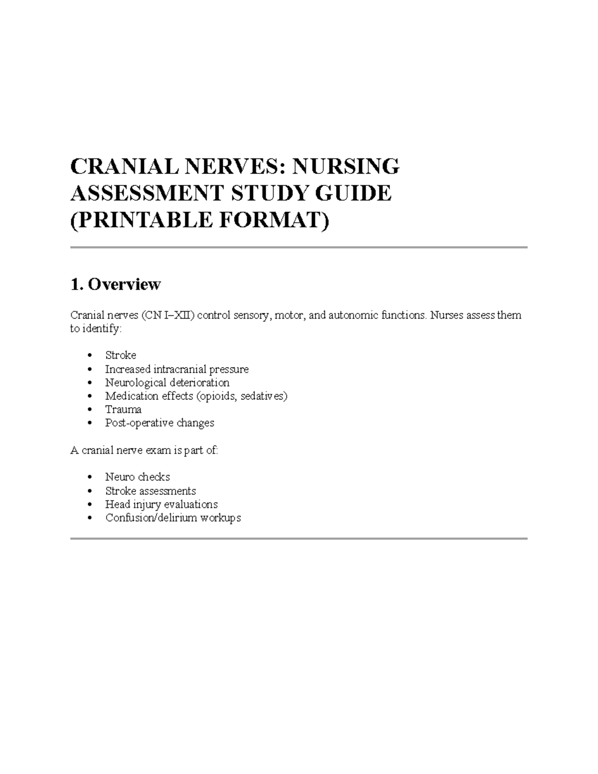 CRANIAL NERVES: NURSING ASSESSMENT STUDY GUIDE (PRINTABLE) - Studocu