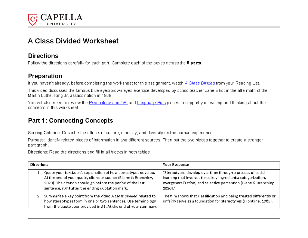 A Class Divided Worksheet: Exploring Stereotypes & DEI Concepts - Studocu