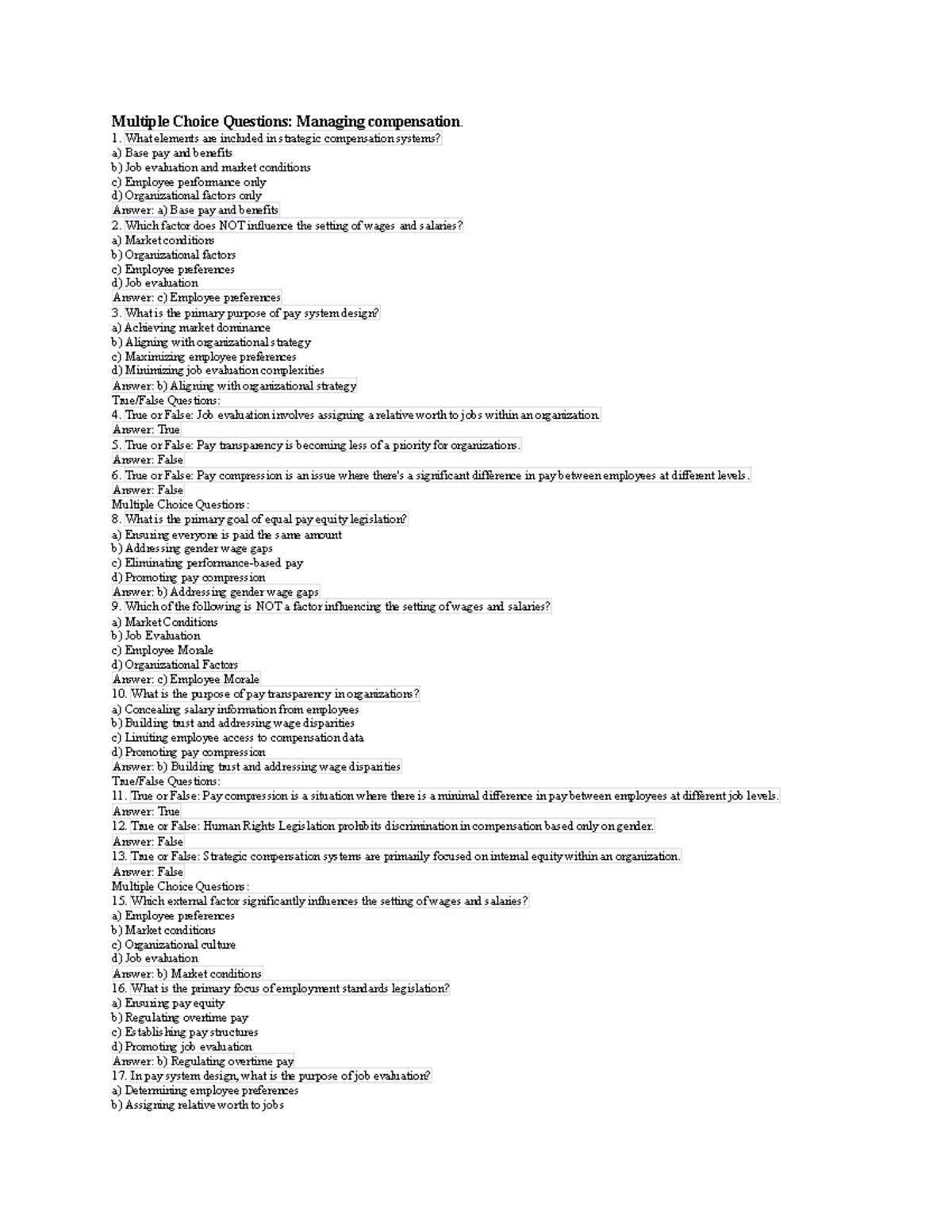 HRM 101: MCQ Compendium on Compensation, Benefits, and OHS - Studocu