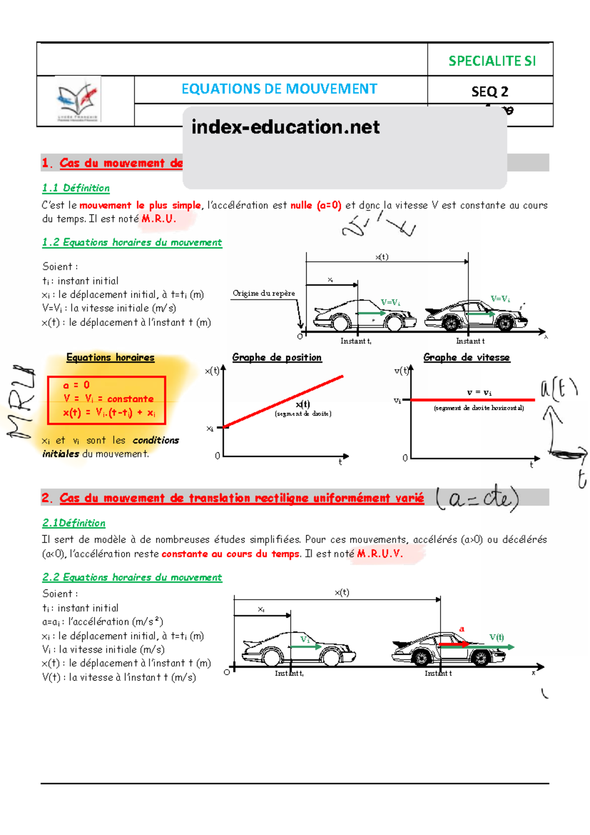 Equations de Mouvements SEQ 2 - Cours 1: M.R.U. et M.R.U.V. - Studocu