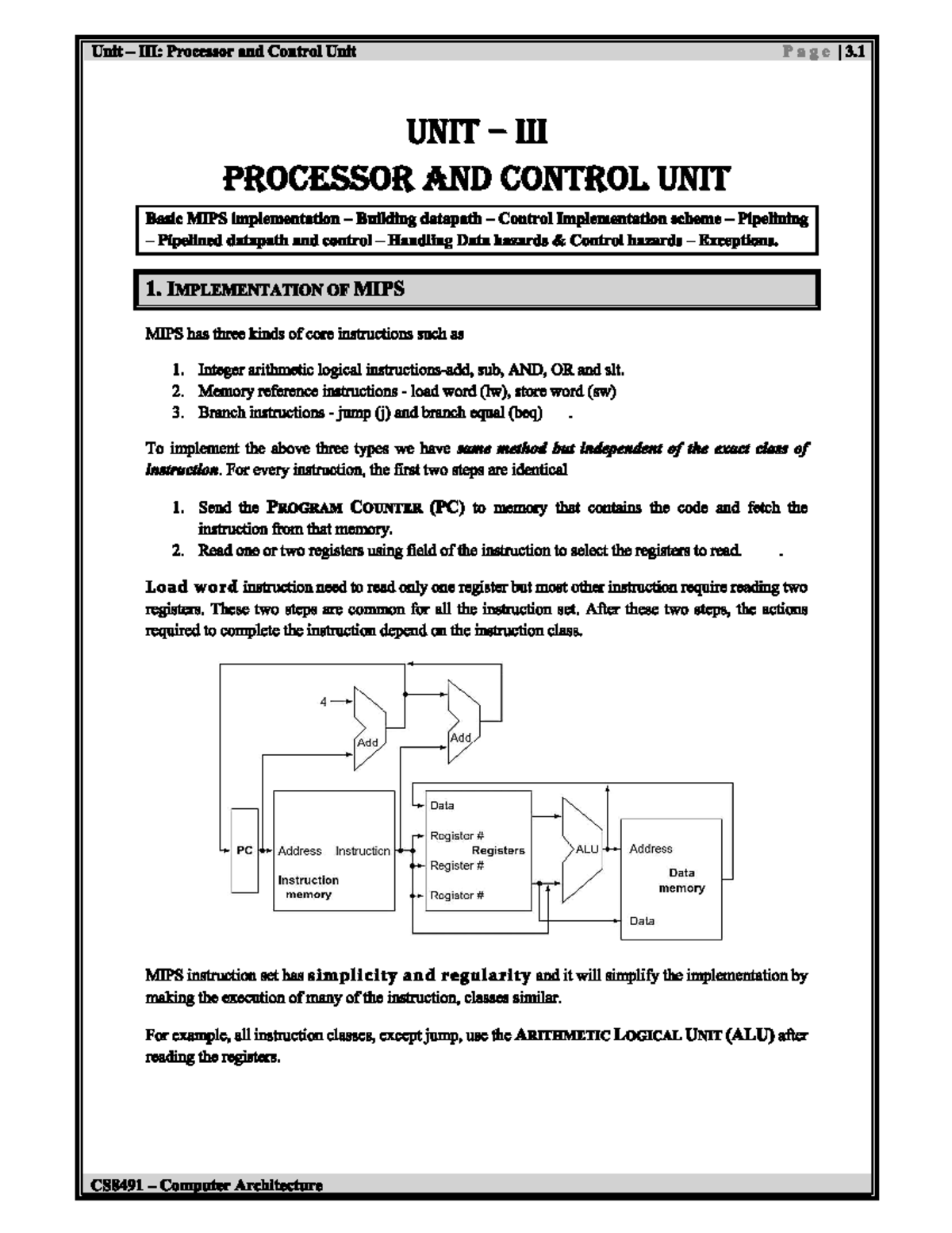 CS8491 Computer Architecture: MIPS Unit Processor & Control Unit Overview - Studocu