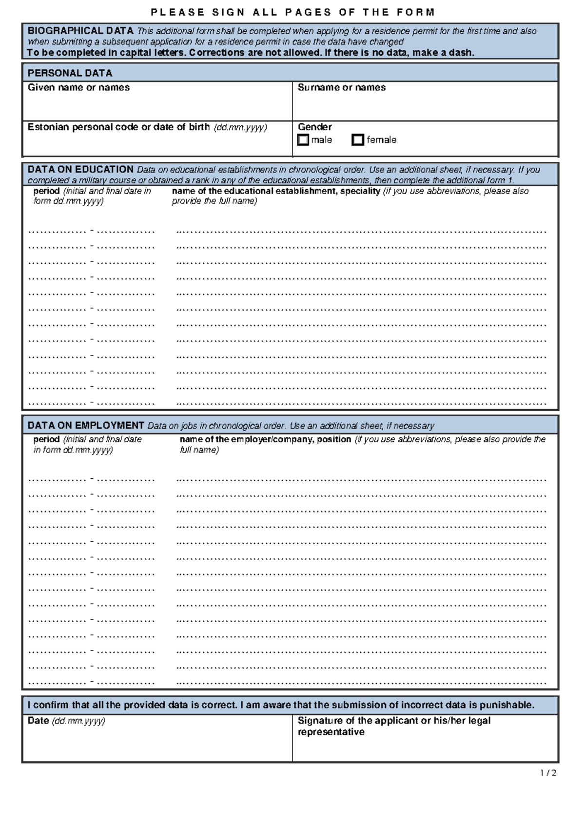 Residence Permit Application Form: Biographical Data (ENG 25) - Studocu