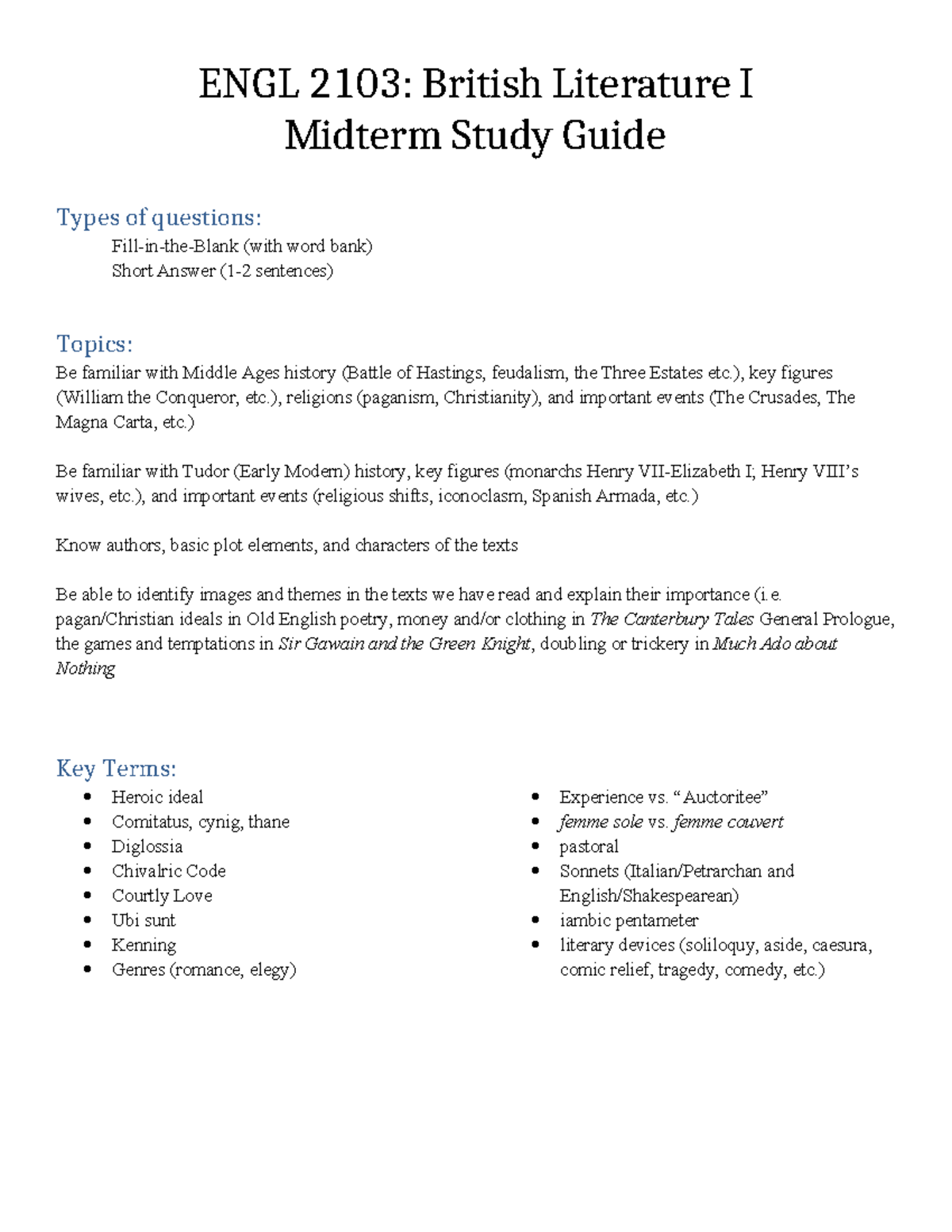 ENGL 2103: British Literature I Midterm Study Guide & Key Topics - Studocu
