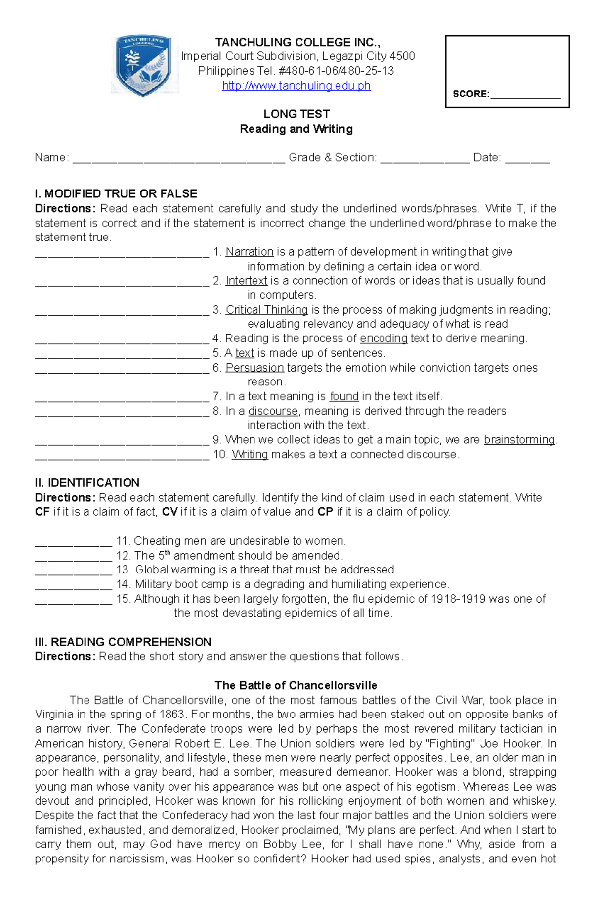 LONG TEST-3rd quarter(reading and Writing) - TANCHULING COLLEGE INC ...