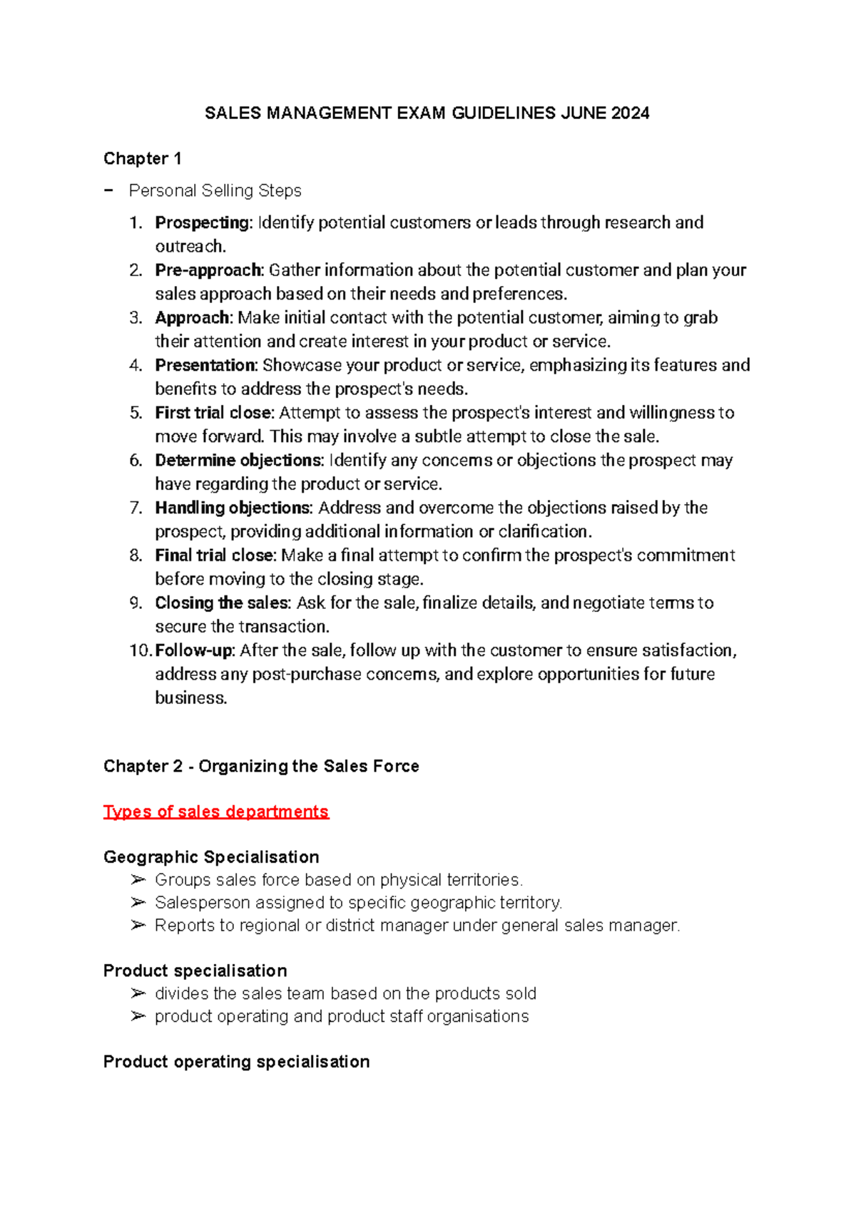 Sales Management EXAM Guidelines: Key Concepts for June 2024 - Studocu