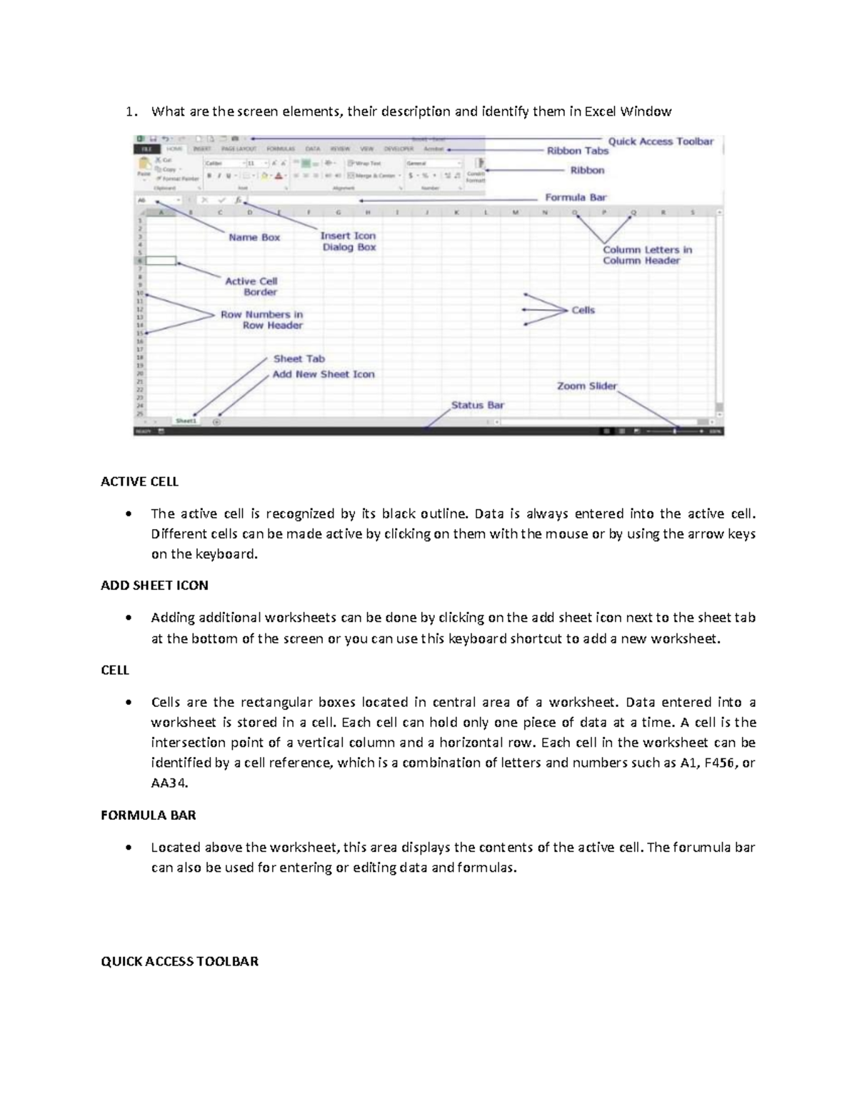 Parts of excel - What are the screen elements, their description and ...