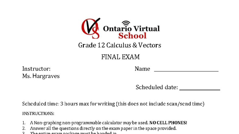 MCV4U Grade 12 Calculus Vectors FINAL EXAM Guide - Studocu