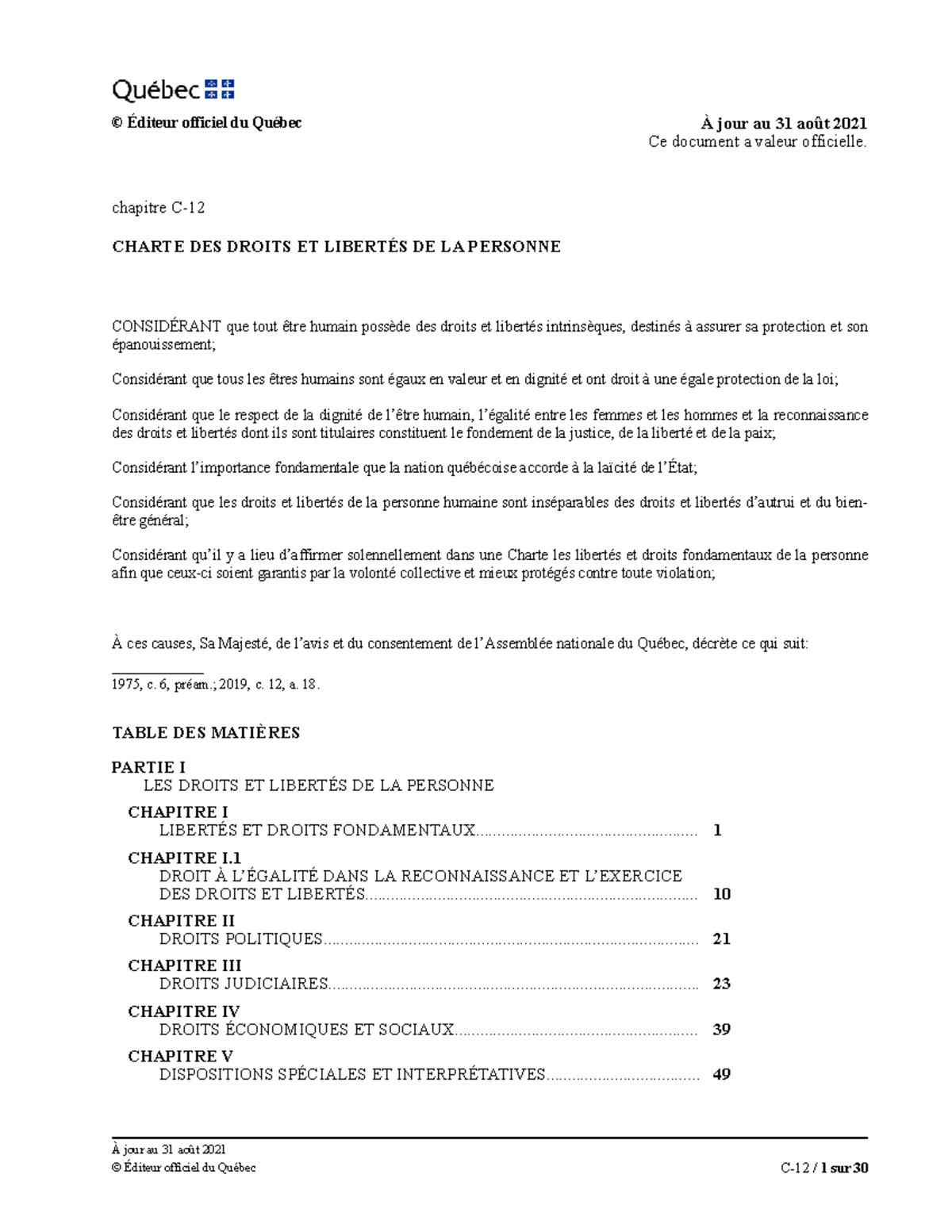 Code du travail du Québec - chapitre C- CHARTE DES DROITS ET LIBERTÉS ...