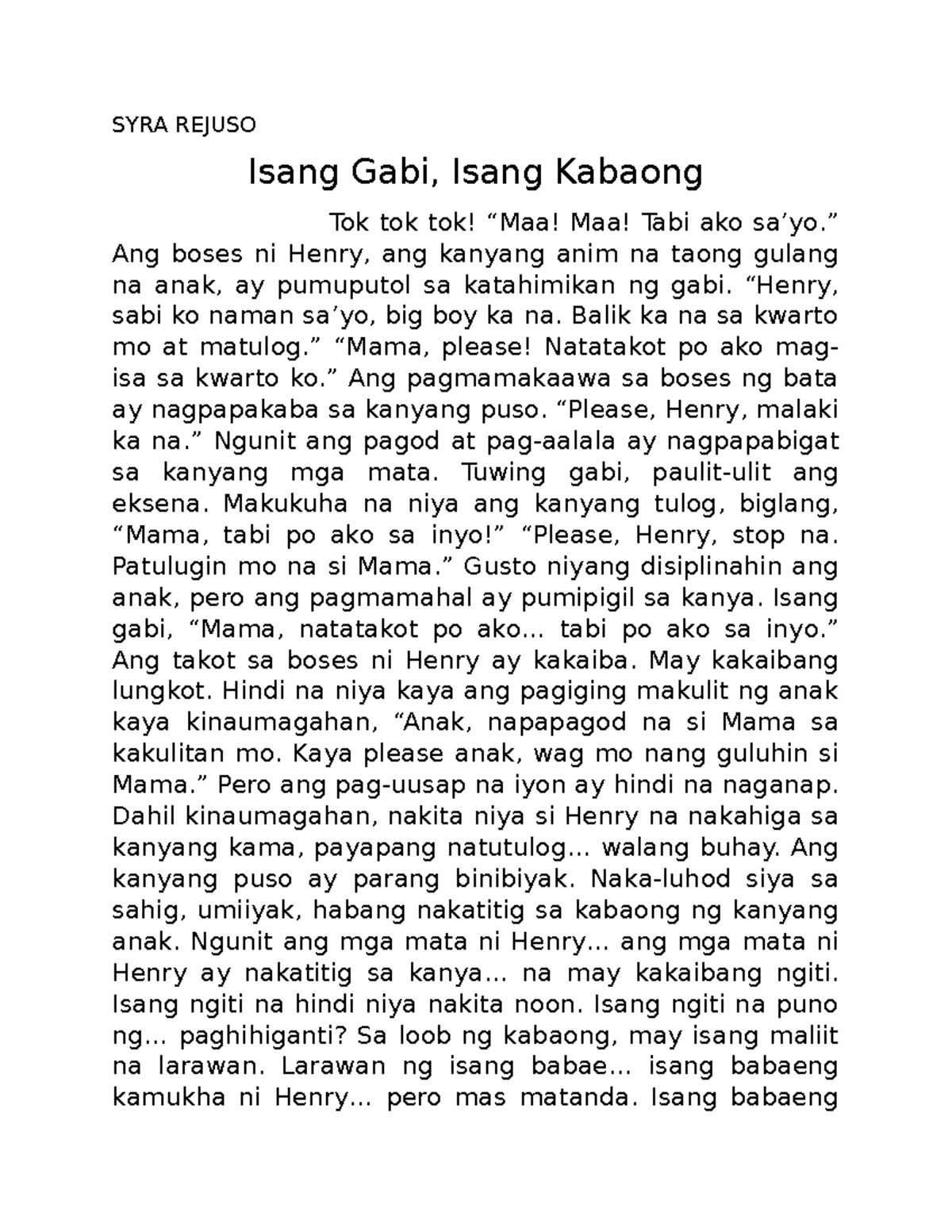 Isang gabi isang kabaong dagli - SYRA REJUSO Isang Gabi, Isang Kabaong ...