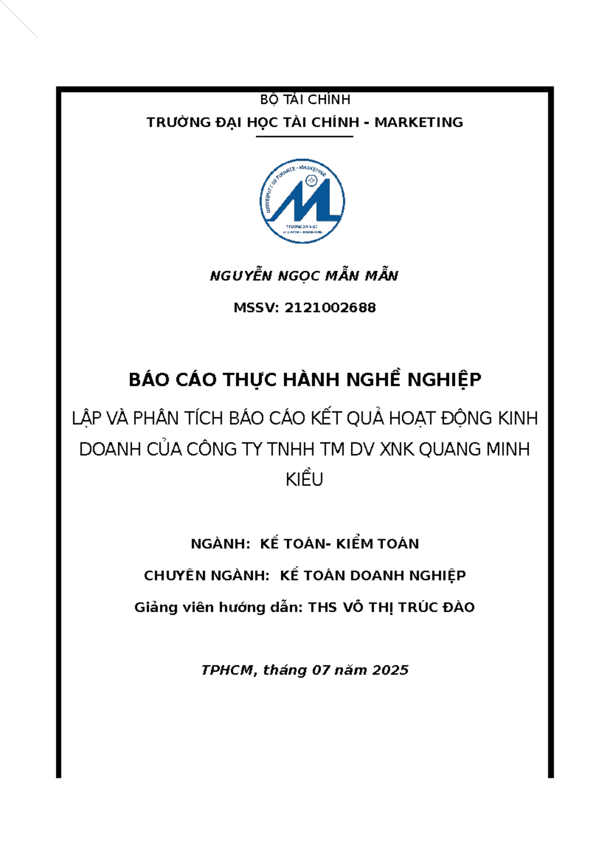 Lập và Phân Tích Báo Cáo KQHĐKD tại Công Ty TNHH TM DV XNK Quang Minh ...