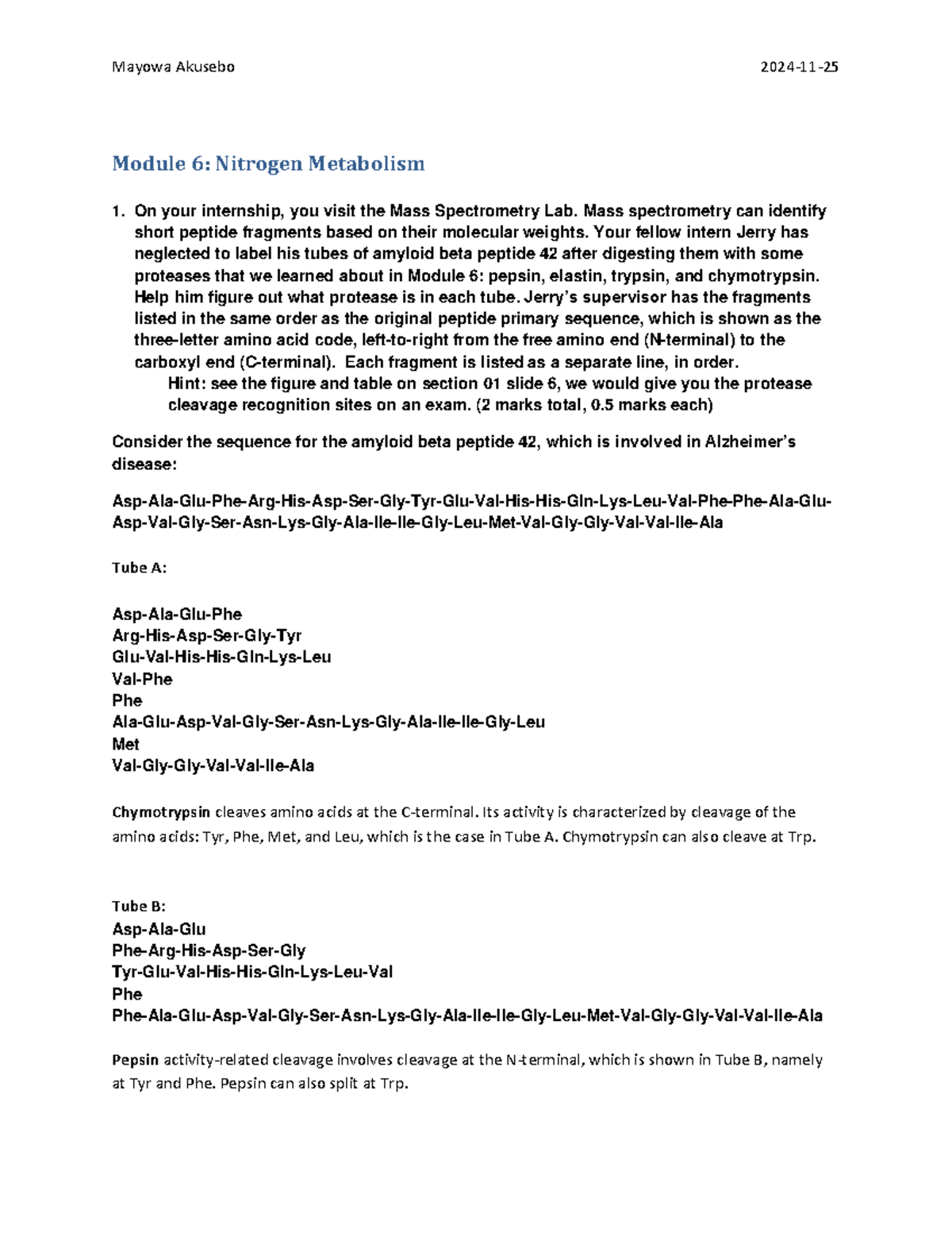 BCHM 270 F24 Module 6 and 7 Homework - Module 6: Nitrogen Metabolism On ...