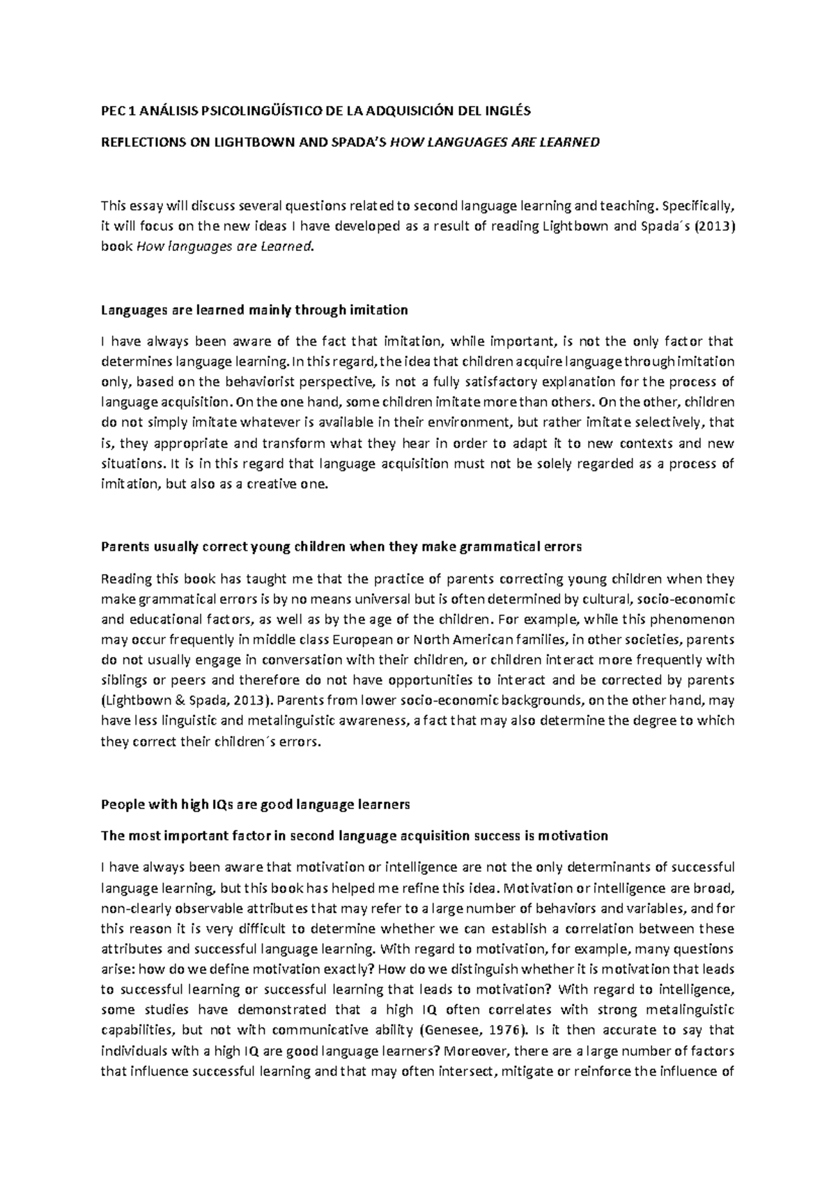 PEC 1 - Critical Reflection on Lightbown & Spada's How Languages are ...